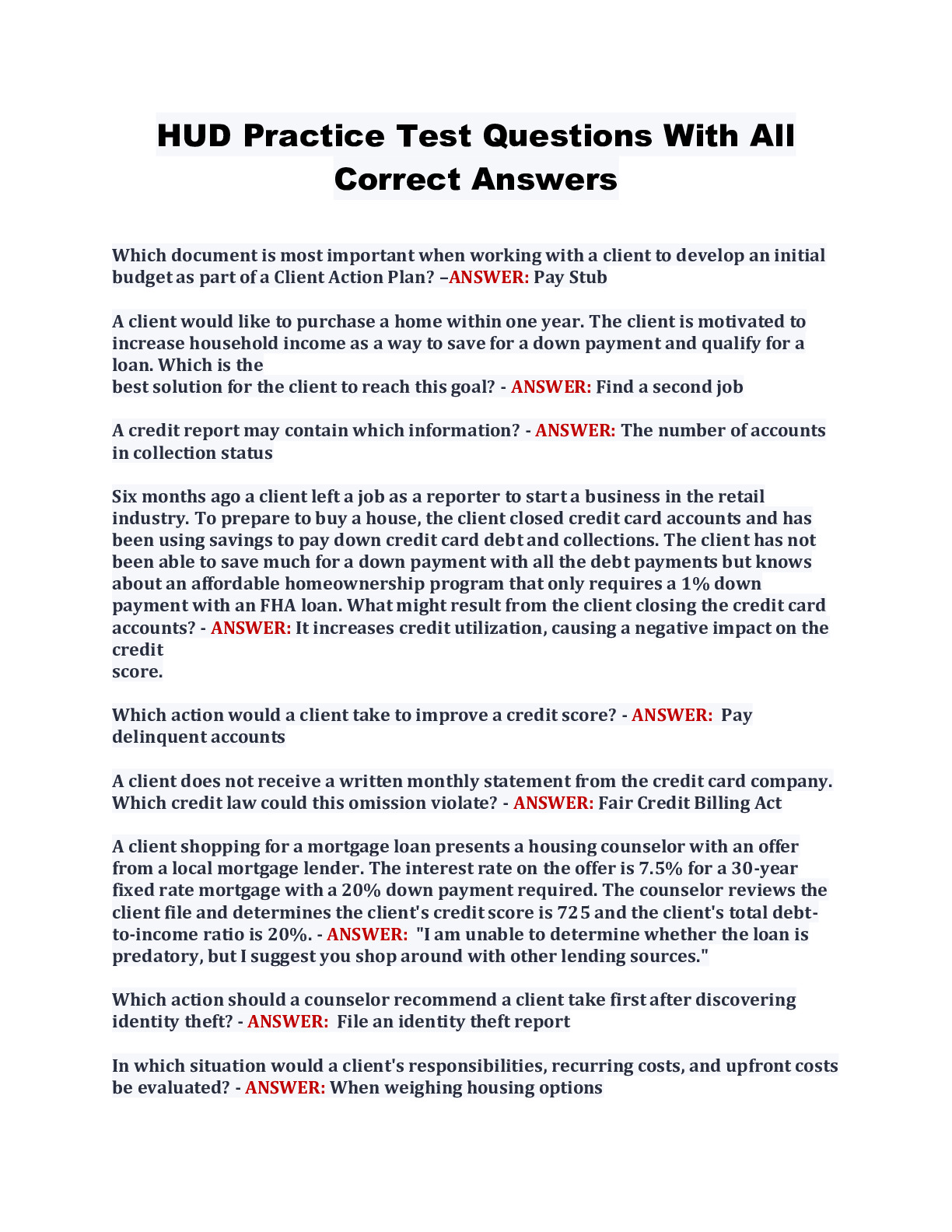 HUD Exams Study Bundle (Latest 2024 - 2025) With Complete Solutions ...