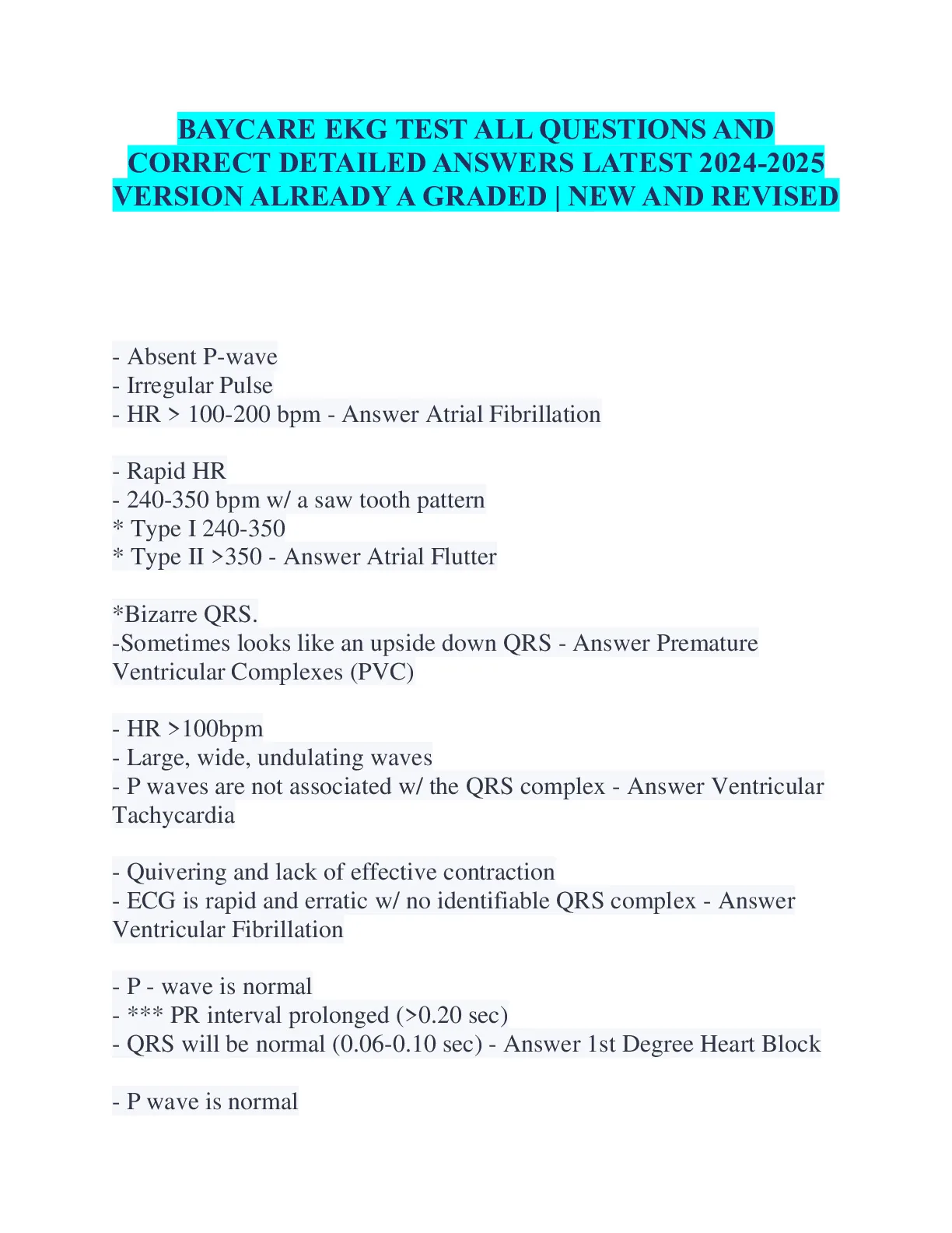 BAYCARE EKG TEST ALL QUESTIONS AND CORRECT DETAILED ANSWERS LATEST 2024 ...