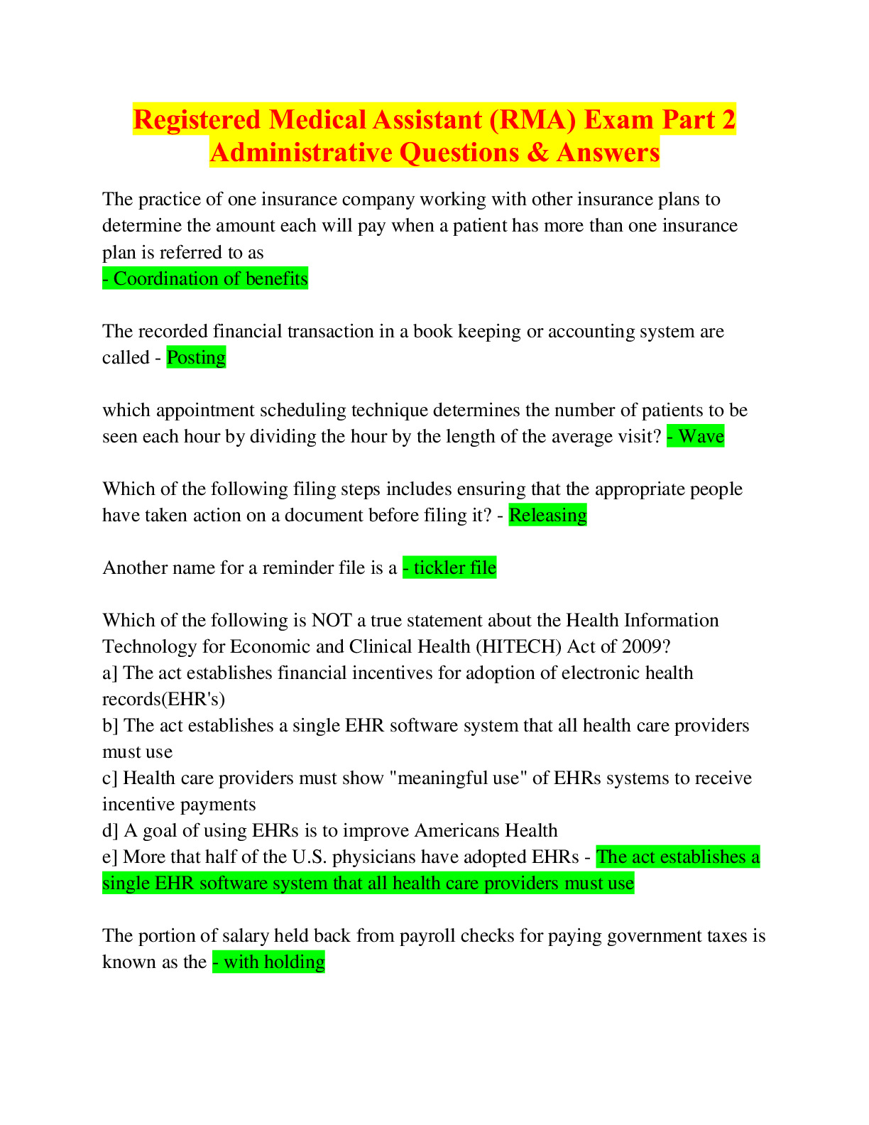 Registered Medical Assistant (RMA) Exam Part 2 Administrative Questions ...