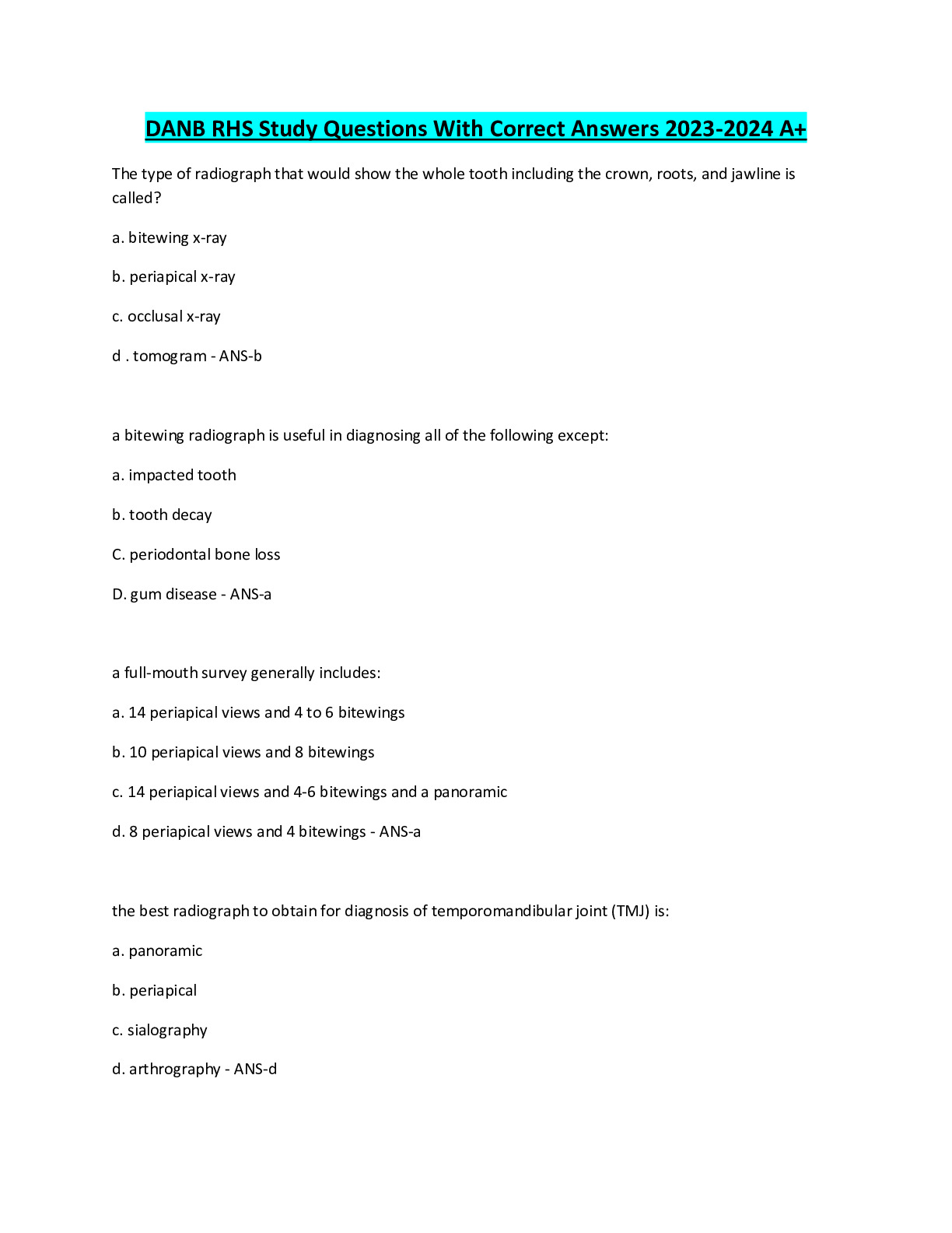 DANB RHS Study Questions With Correct Answers 2023-2024 A+ - DocMerit