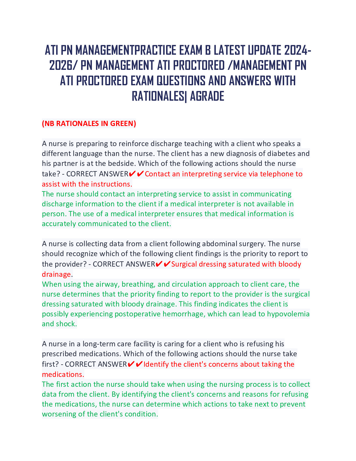 ATI PN MANAGEMENTPRACTICE EXAM B LATEST UPDATE 2024-2026/ PN MANAGEMENT ...