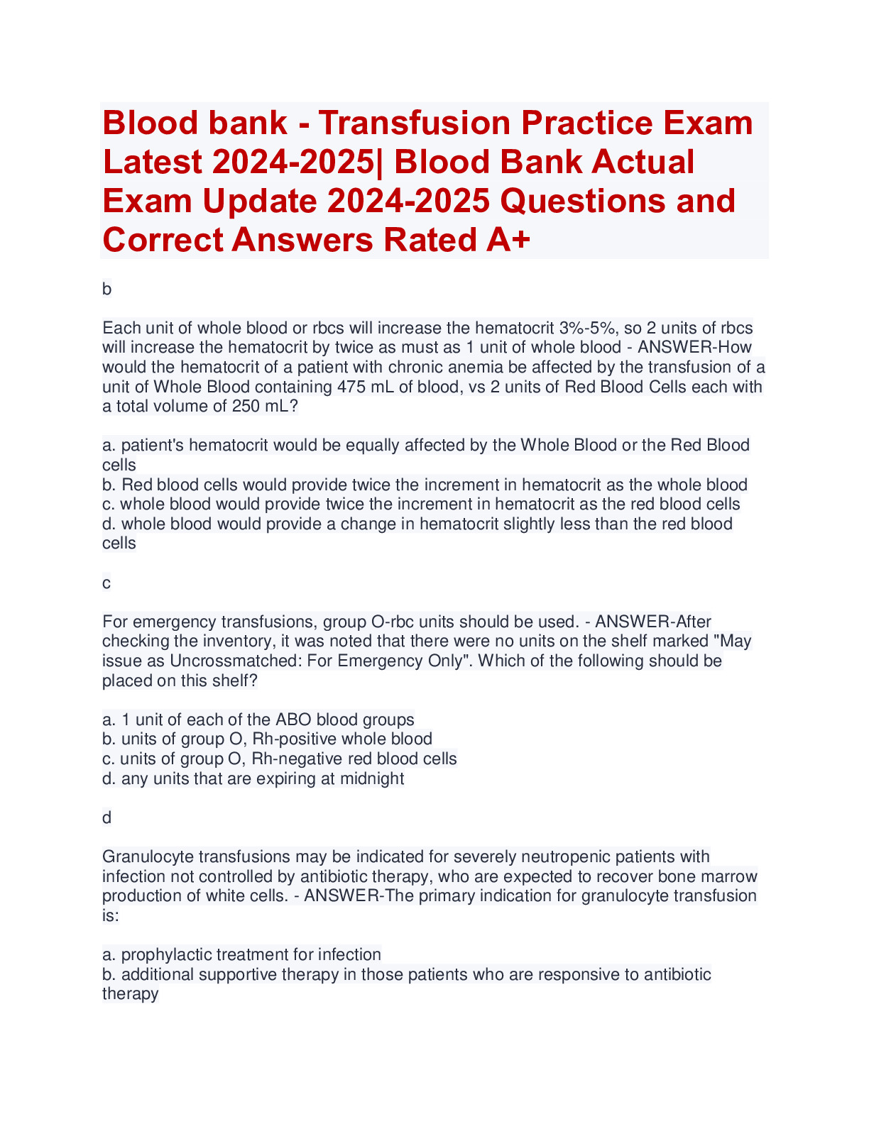 Blood bank - Transfusion Practice Exam Latest 2024-2025| Blood Bank ...