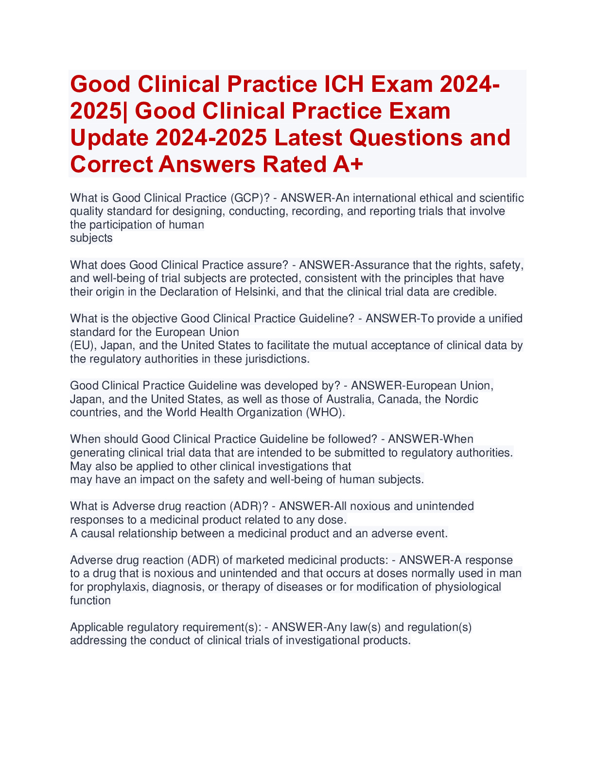 Good Clinical Practice ICH Exam 2024- 2025| Good Clinical Practice Exam ...