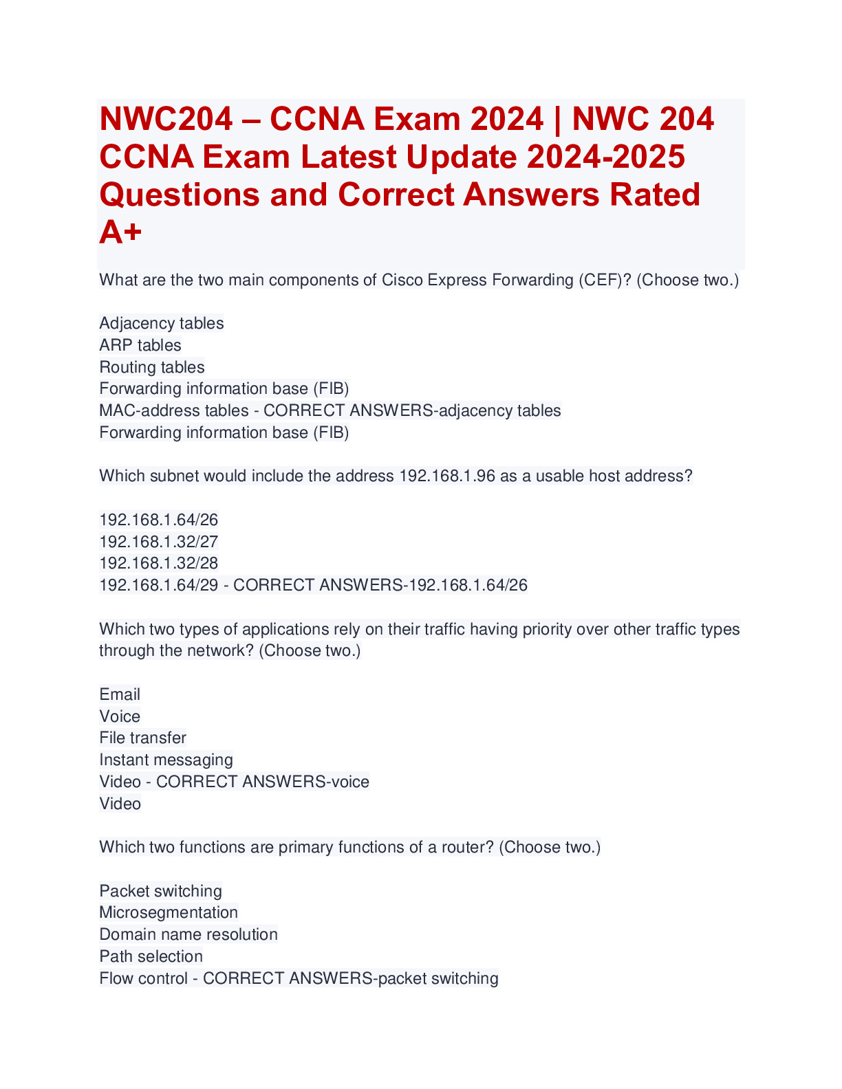 NWC204 – CCNA Exam 2024 | NWC 204 CCNA Exam Latest Update 2024-2025 ...