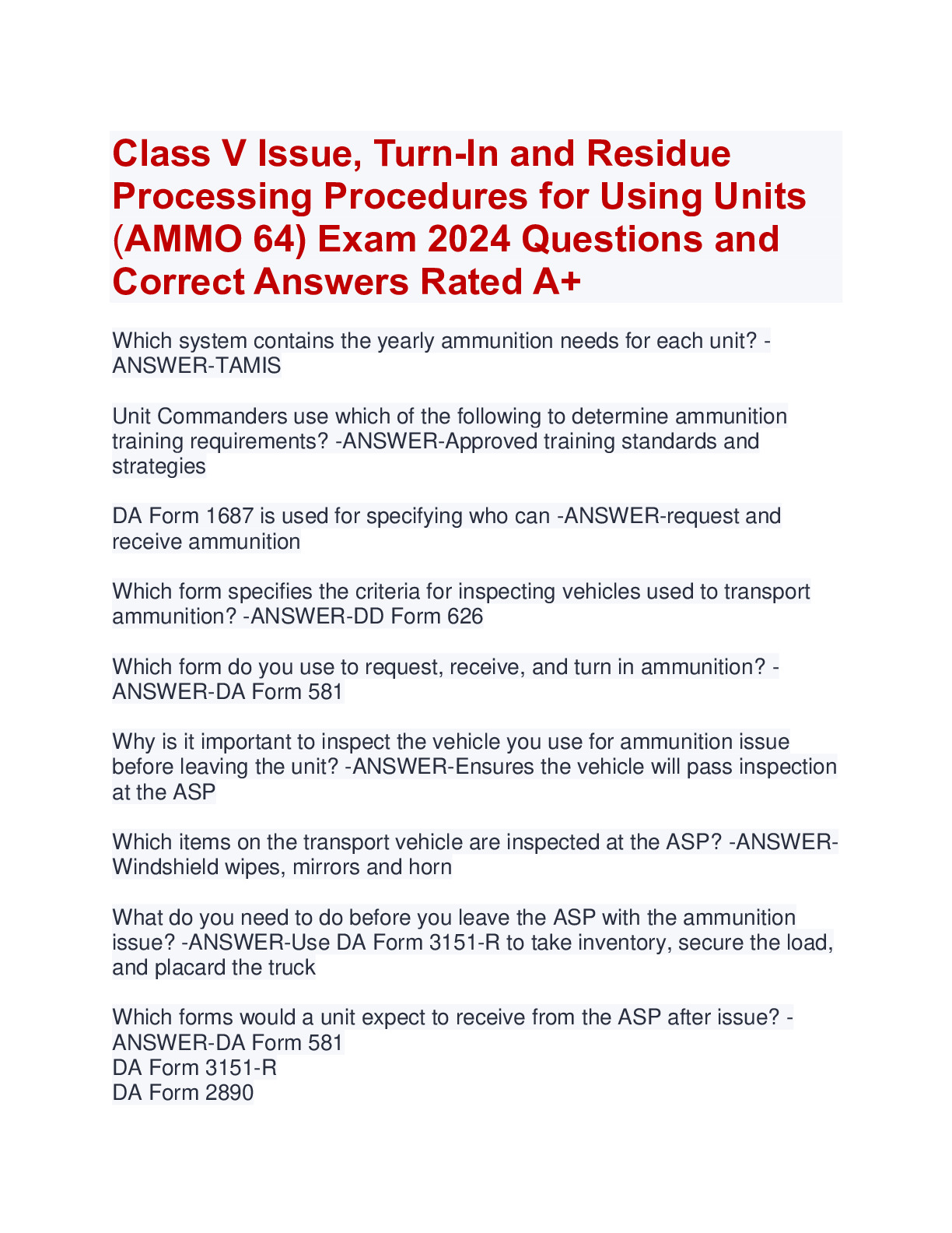 Class V Issue and Turn-In Procedures for Using Units (AMMO 64 2023 ...
