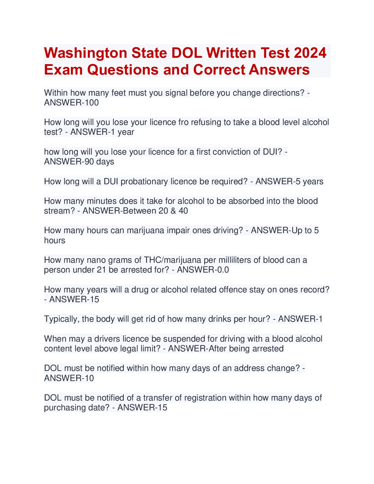 Washington State DOL Written Test 2024 Exam Questions and Correct ...