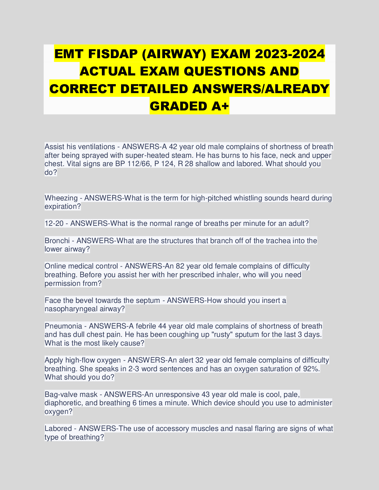 EMT FISDAP (AIRWAY) EXAM 2023-2024 ACTUAL EXAM QUESTIONS AND CORRECT DETAILED ANSWERS - DocMerit