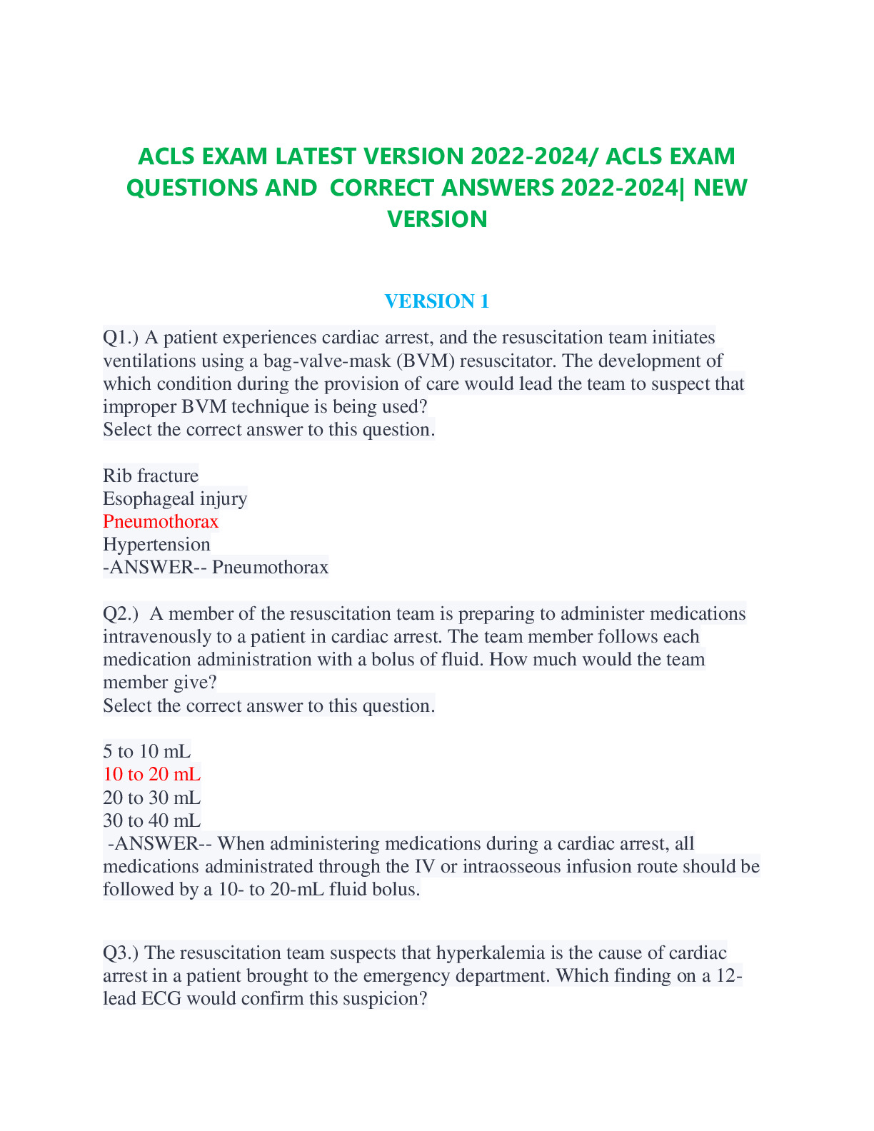 CLS EXAM LATEST VERSION 2022-2024/ ACLS EXAM QUESTIONS AND CORRECT ...