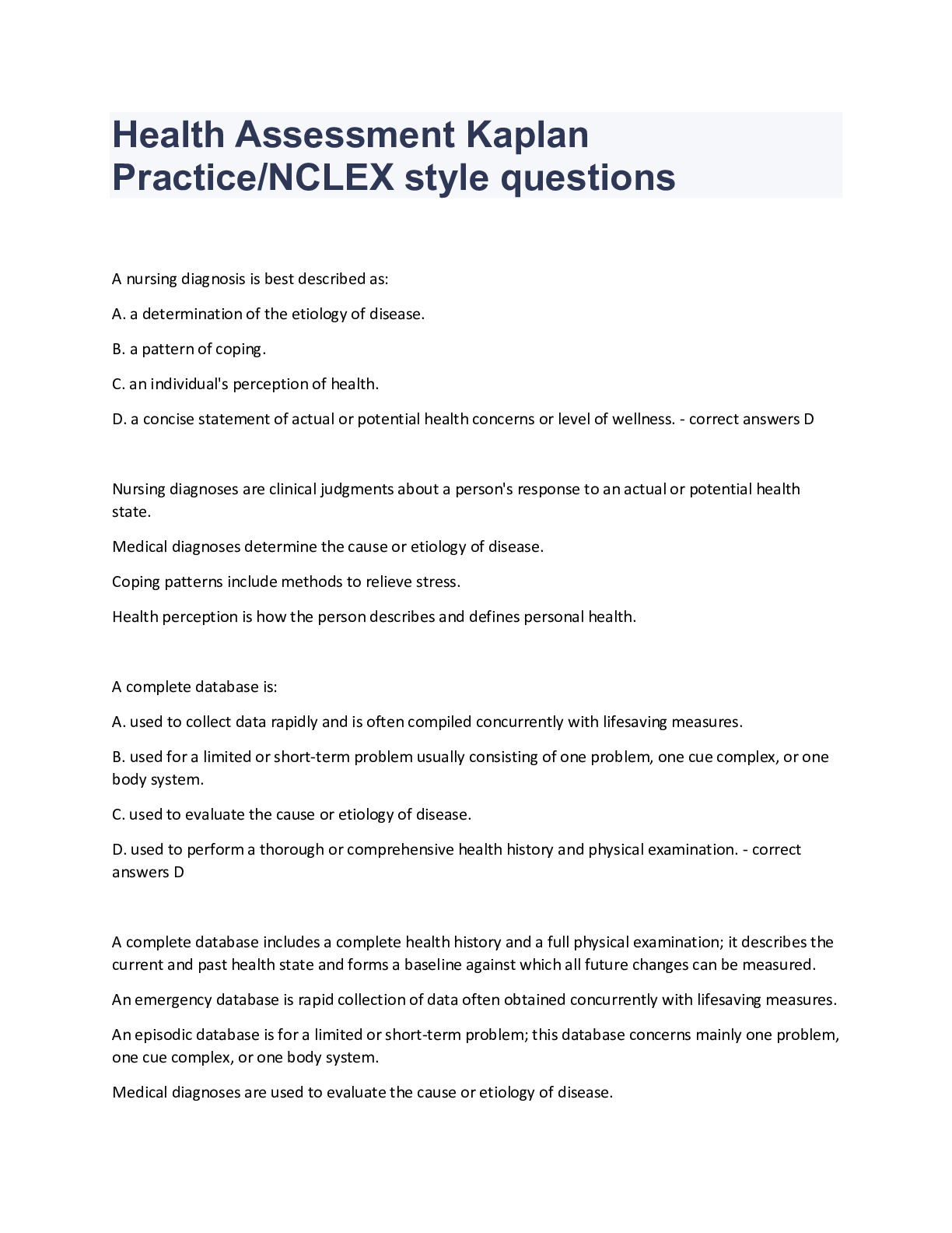 Health Assessment Kaplan Practice NCLEX style questions and answers ...
