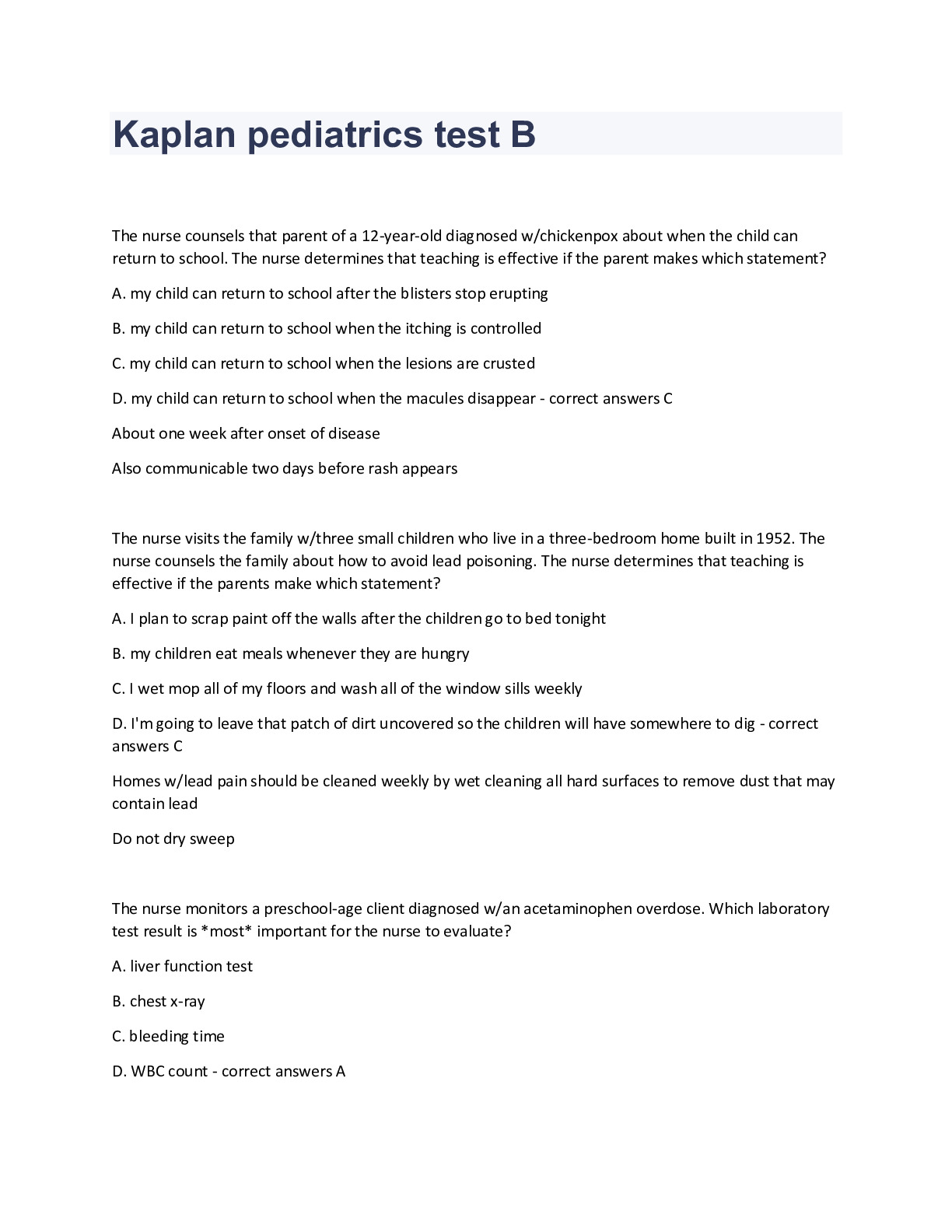 Kaplan pediatrics test B Questions with complete solution 2023/2024 ...