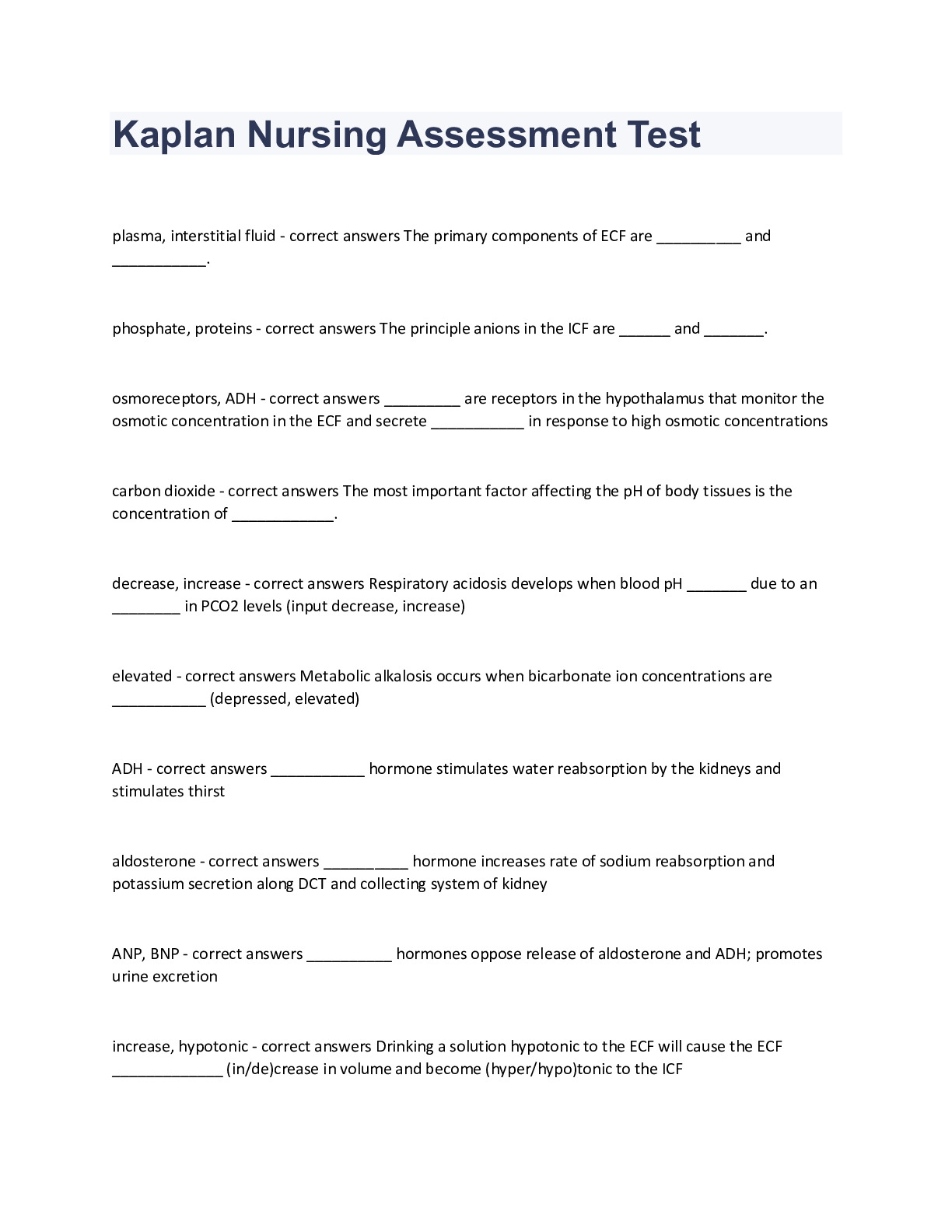 Kaplan Nursing Assessment Test Question and answers correctly solved ...