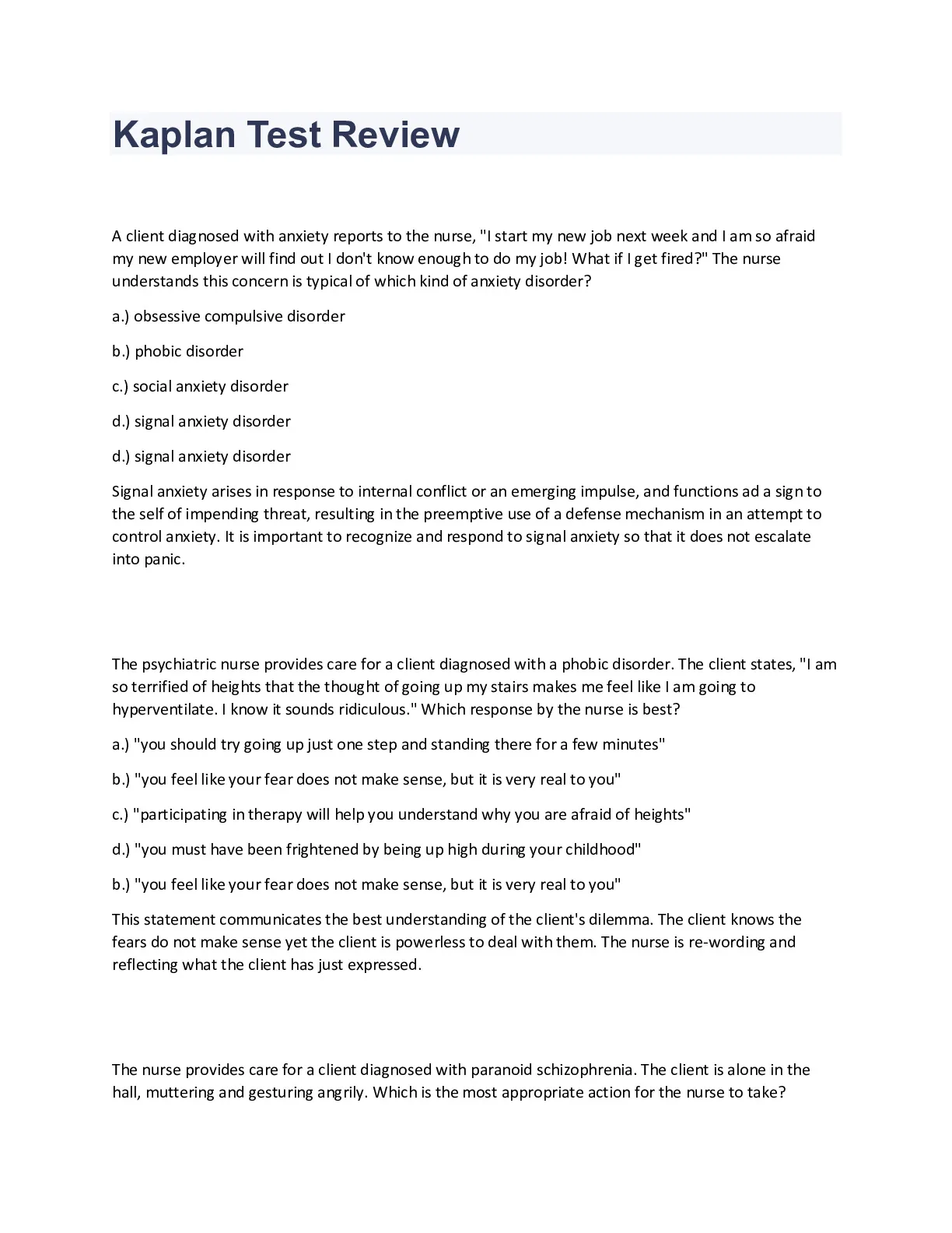 Kaplan Test Review Questions with complete solution 2023/2024 - DocMerit