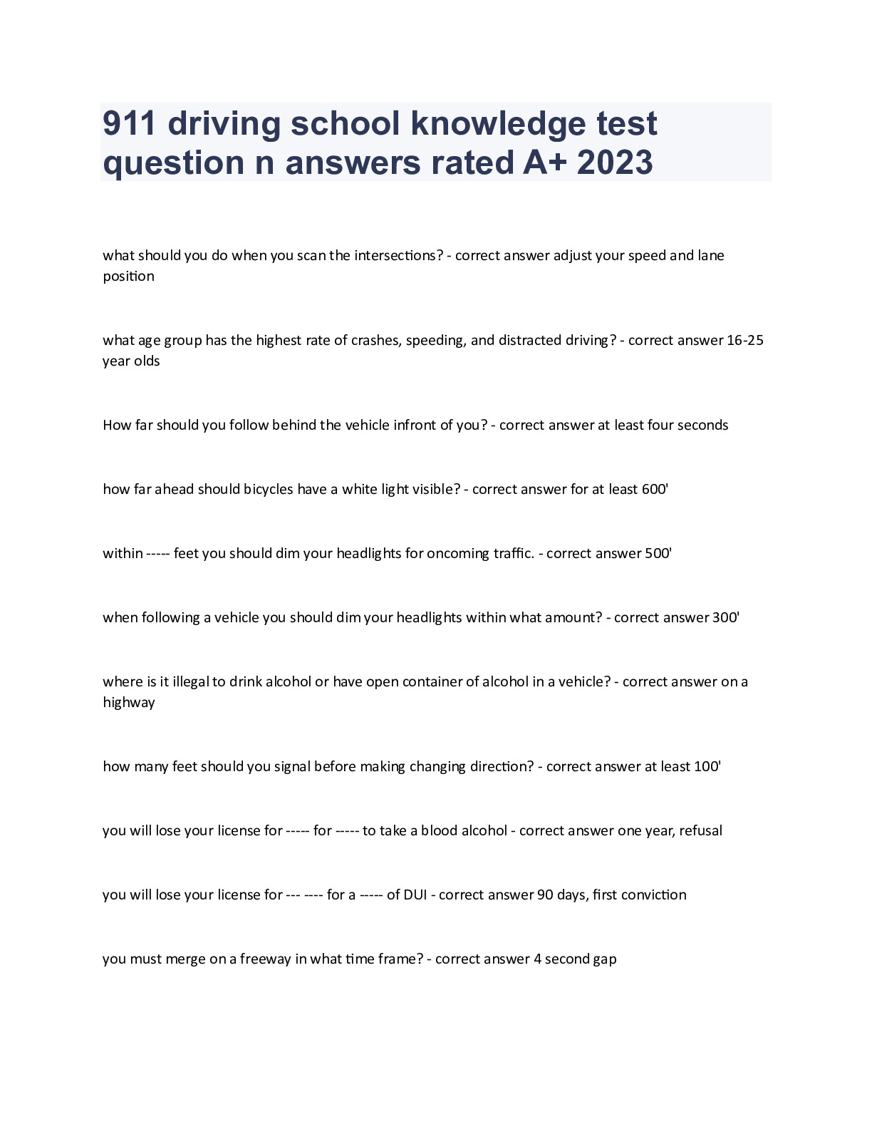 911 driving school knowledge test Question and answers correctly solved ... 911 driving school knowledge test Question and answers correctly solved ...