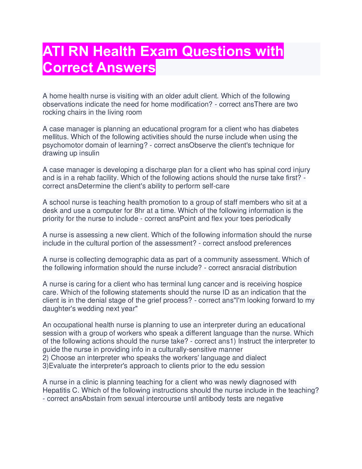ATI RN Health Exam Questions with Correct Answers 2024 - DocMerit