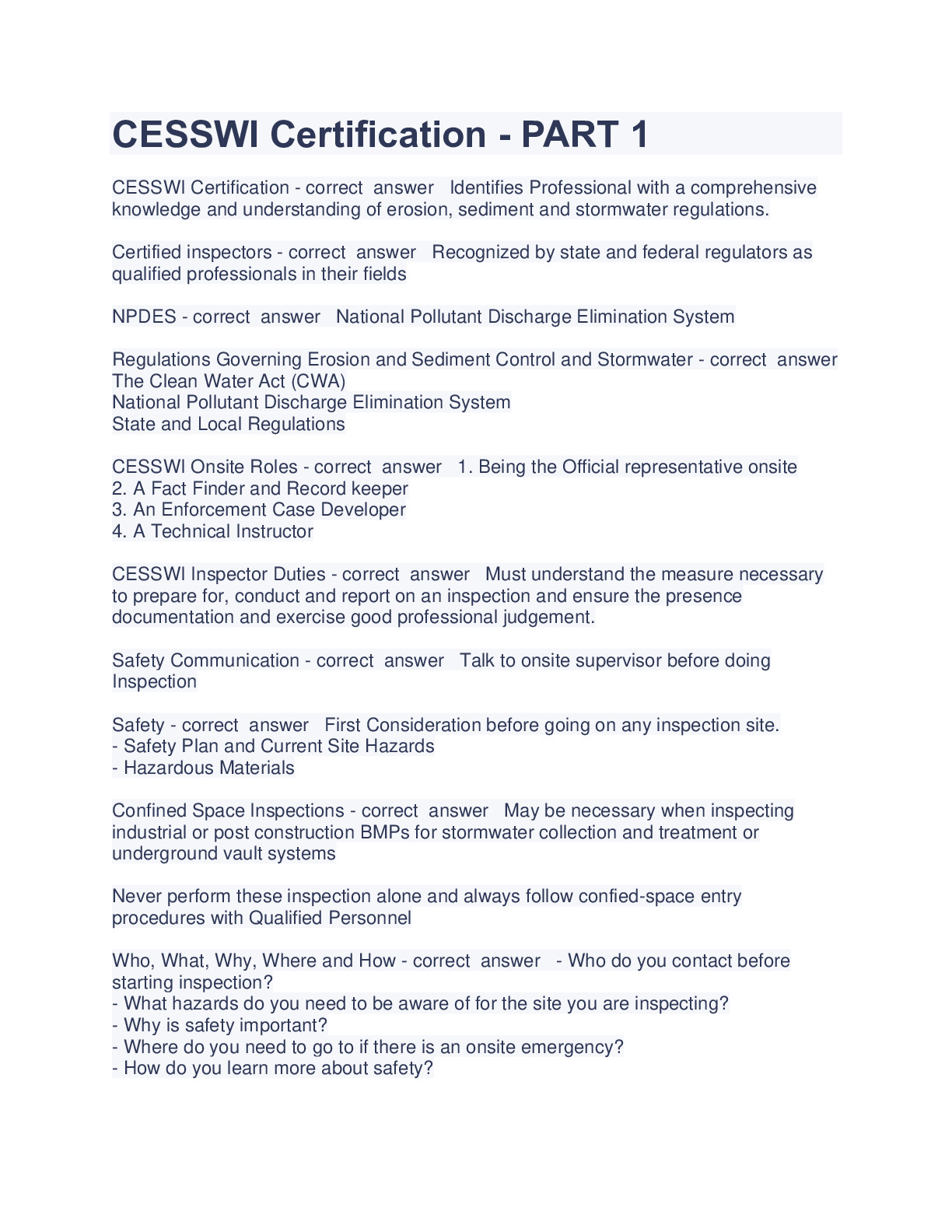 CESSWI Certification Questions with complete solution 2024/2025 - DocMerit