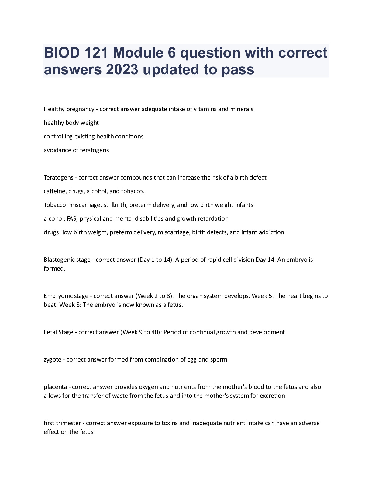 BIOD 121 Module 6 question with correct answers 2024 updated to pass - DocMerit