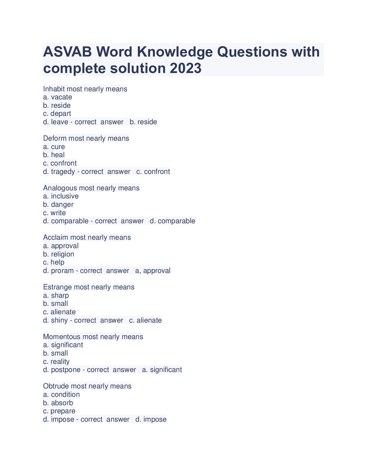 ASVAB Word Knowledge Questions with complete solution 2024 - DocMerit