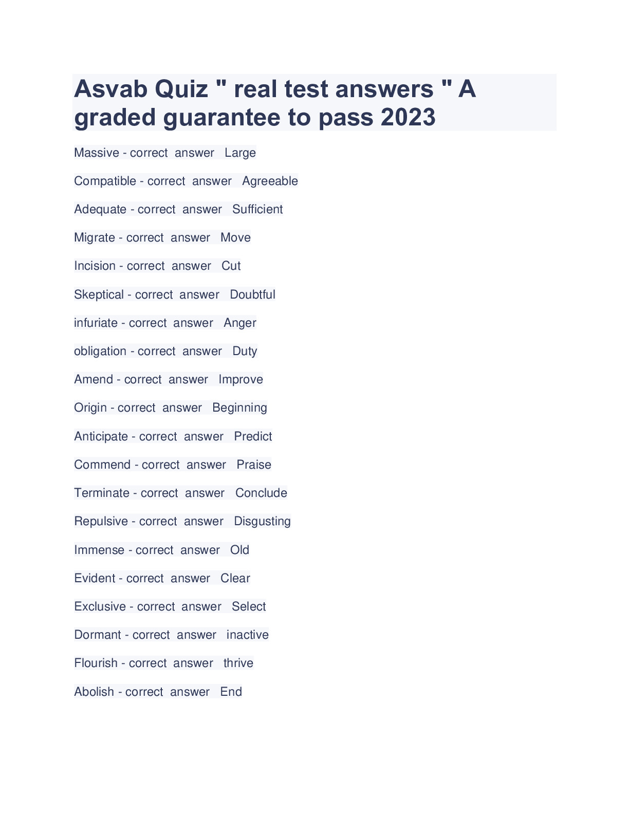 Asvab Quiz Questions with complete solution 2024 - DocMerit