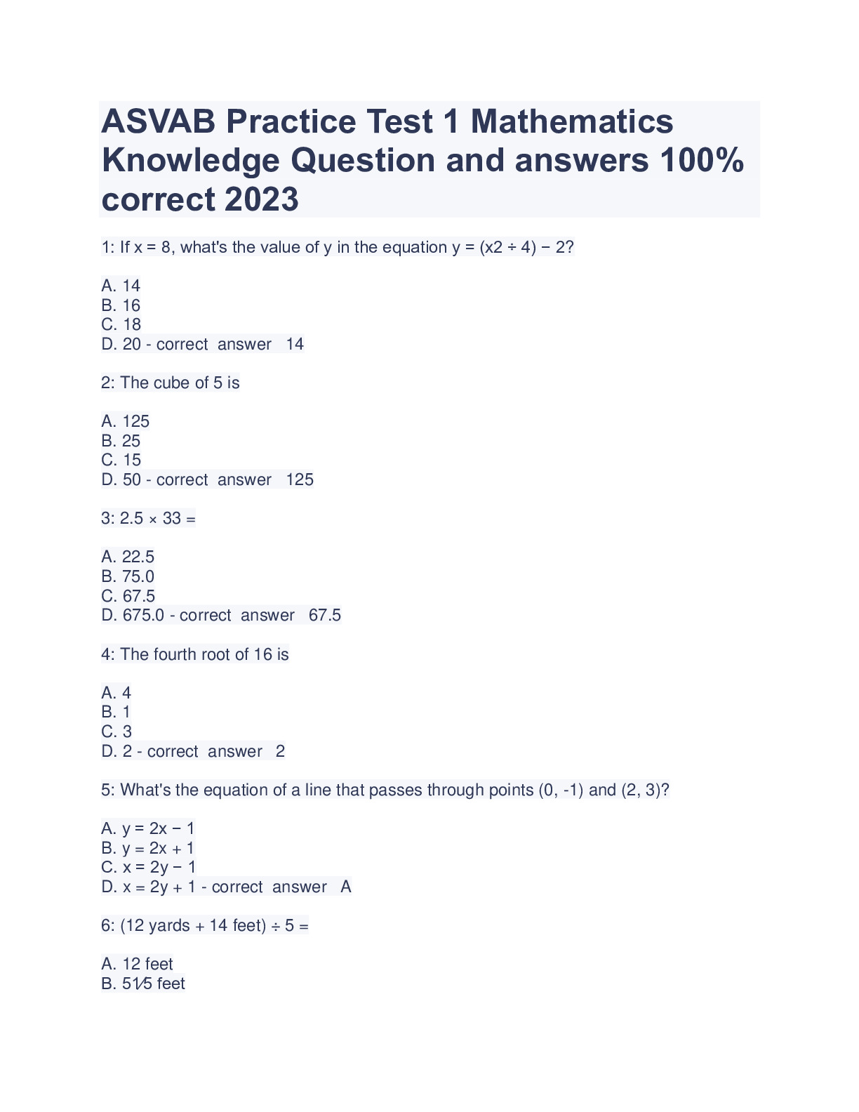 ASVAB Practice Test 1 Mathematics Knowledge Question and answers 100% ...