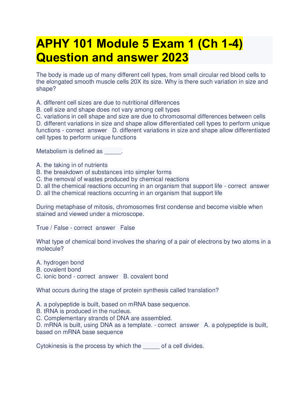 APHY 101 Module 5 Exam 1 Questions with complete solution 2024 - DocMerit