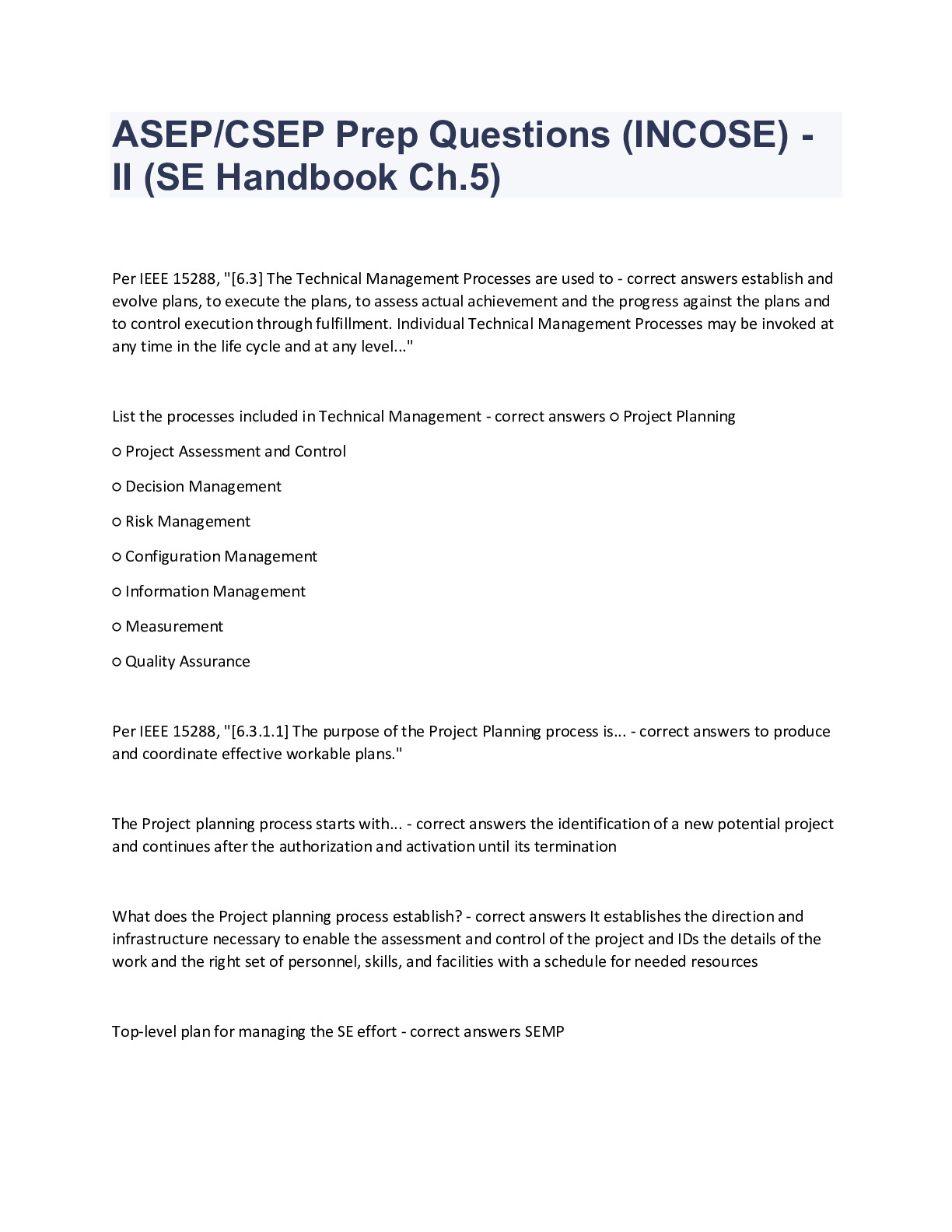 ASEP CSEP Prep Questions (INCOSE) - II (SE Handbook Ch.5) Question and answers 100% correct 2024 ...