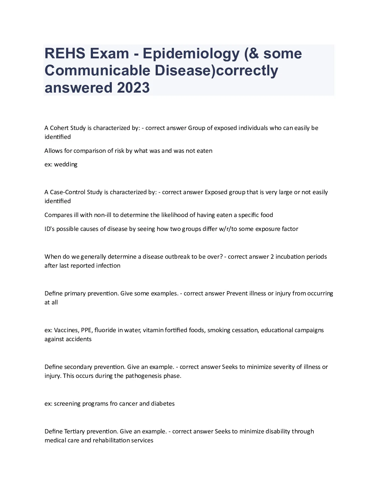 REHS Exam - Epidemiology (& some Communicable Disease)correctly ...