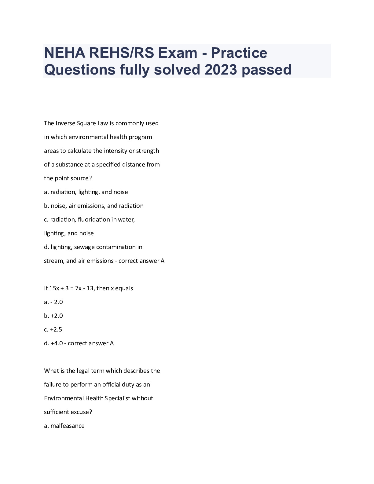 NEHA REHS/RS Exam - Practice Questions with Solutions 2024 - DocMerit