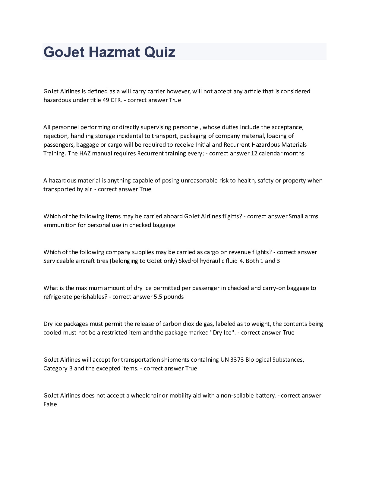 GoJet Hazmat Quiz Questions with complete solution 2024 - DocMerit