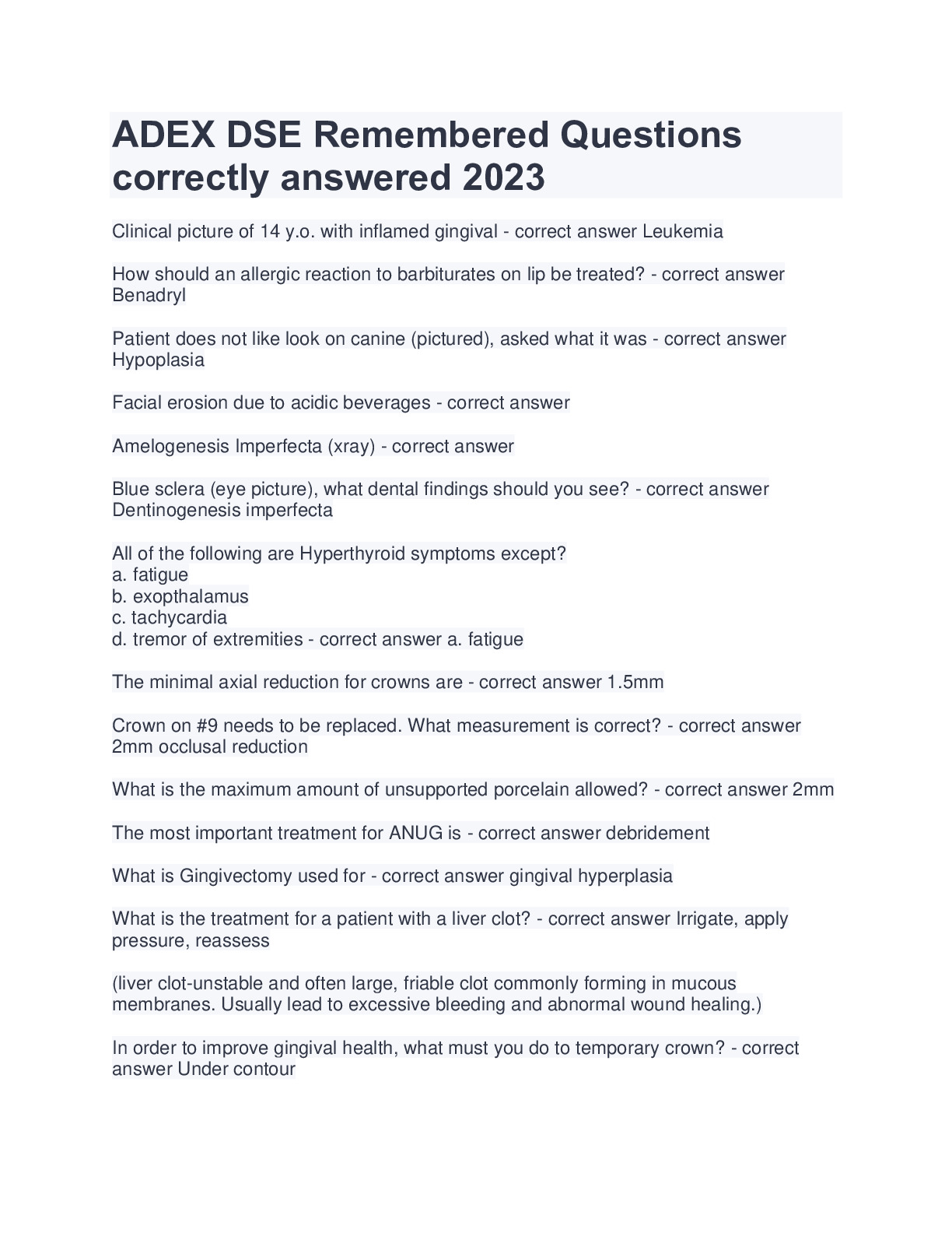 ADEX DSE Remembered Questions correctly answered 2023 updated - DocMerit