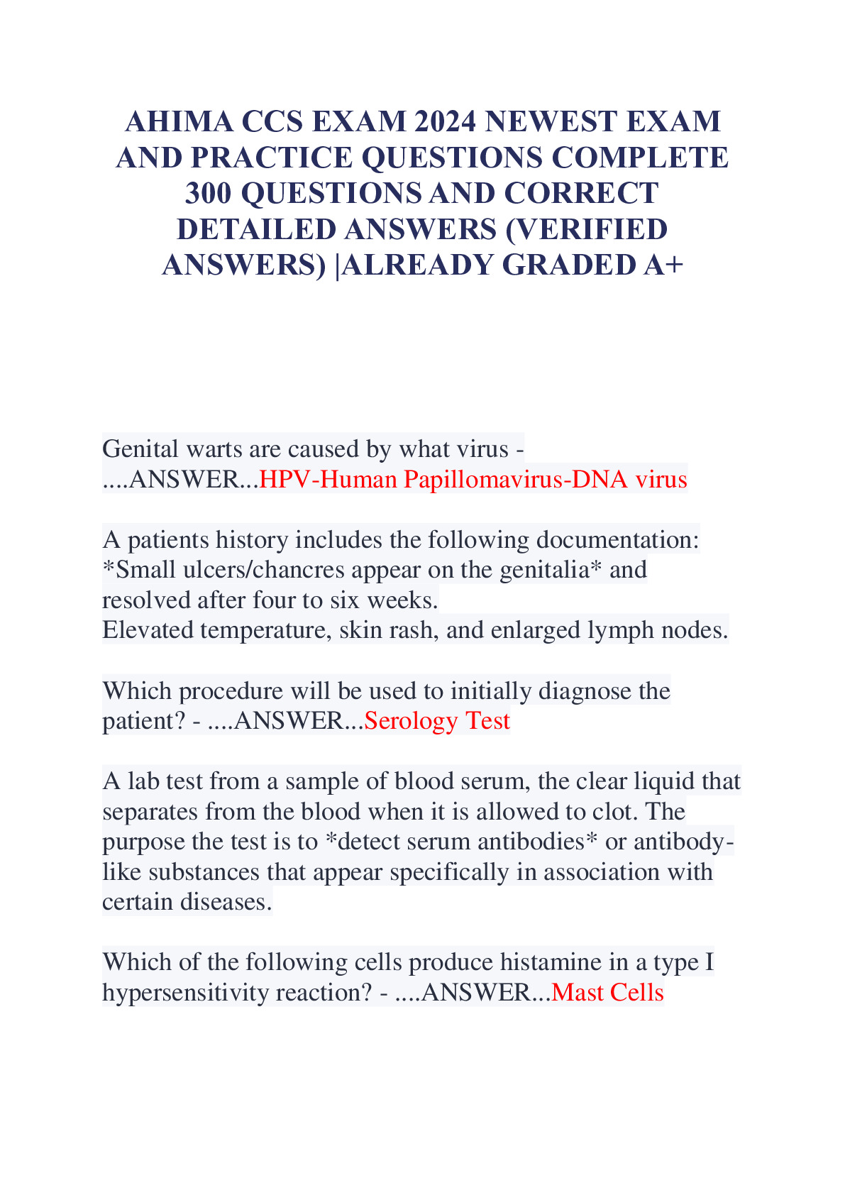 Ahima Ccs Exam 2024 Actual Questions With Verified Complete Solutions A Score Assured Docmerit