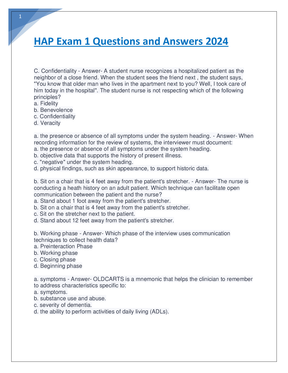 HAP Exam 1 Questions and Answers 2023/2024 Latest Version - DocMerit