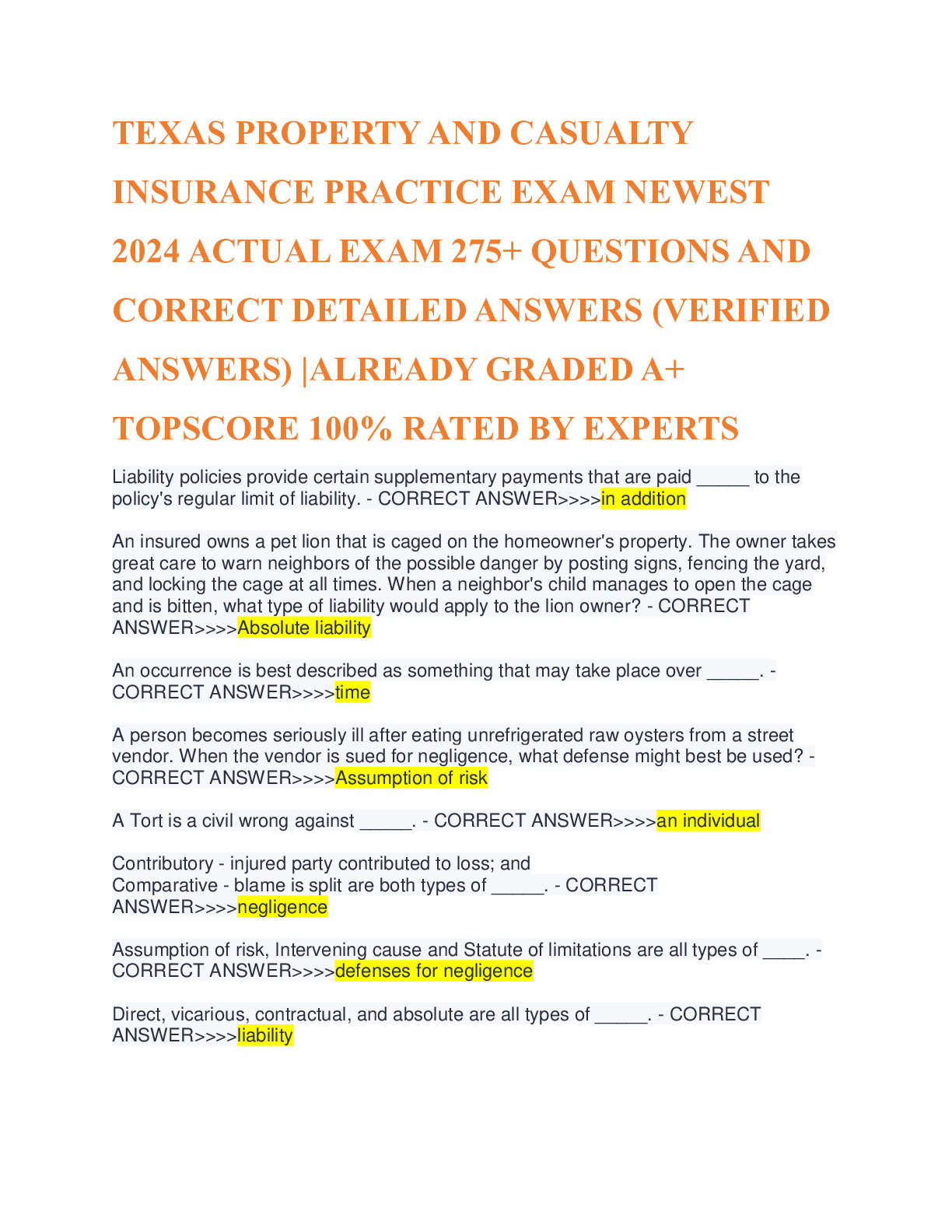 TEXAS PROPERTY AND CASUALTY INSURANCE PRACTICE EXAM NEWEST 2024 ACTUAL ...