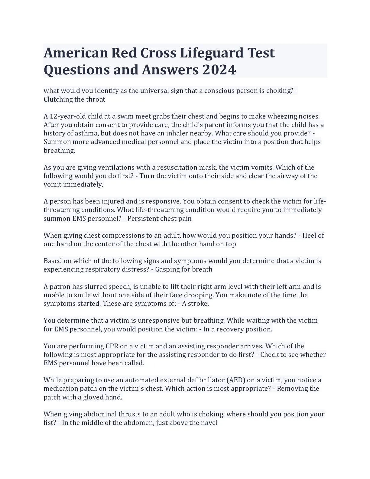 American Red Cross Lifeguard Test Questions and Answers 2024 - DocMerit