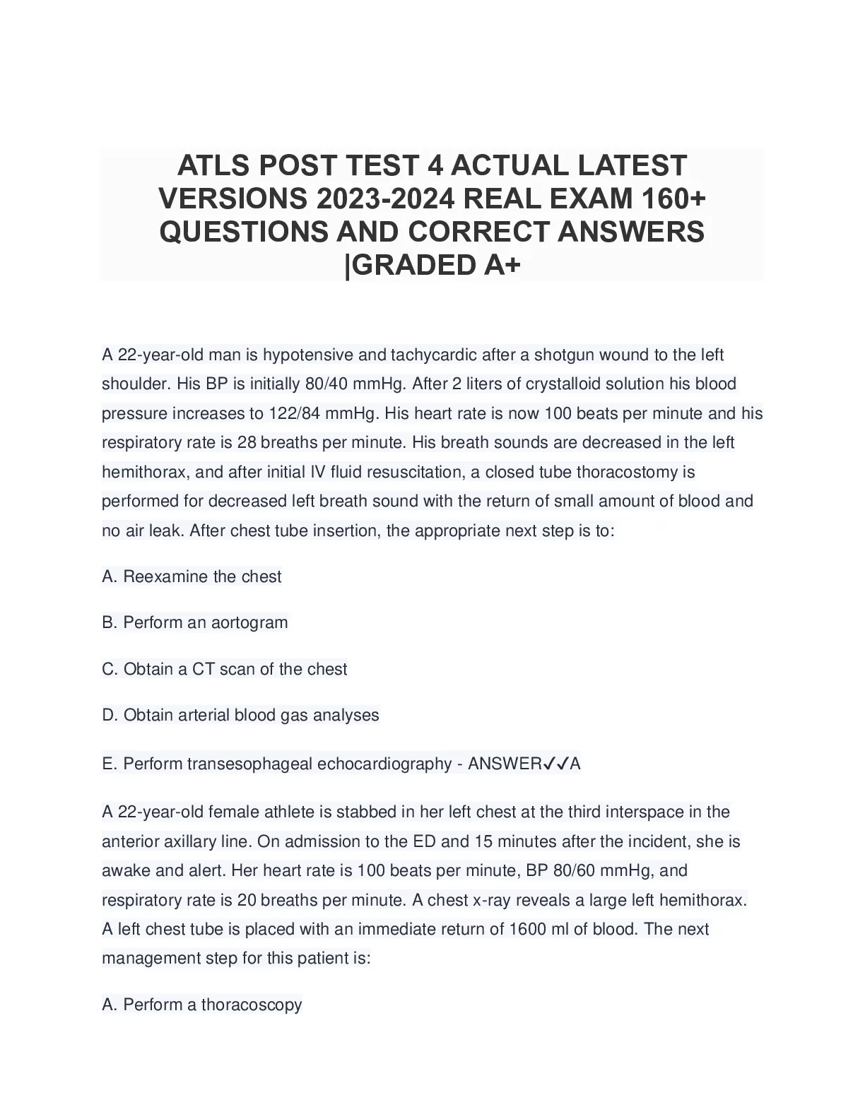 ATLS POST TEST 4 ACTUAL LATEST VERSIONS 2023-2024 REAL EXAM 160 ...