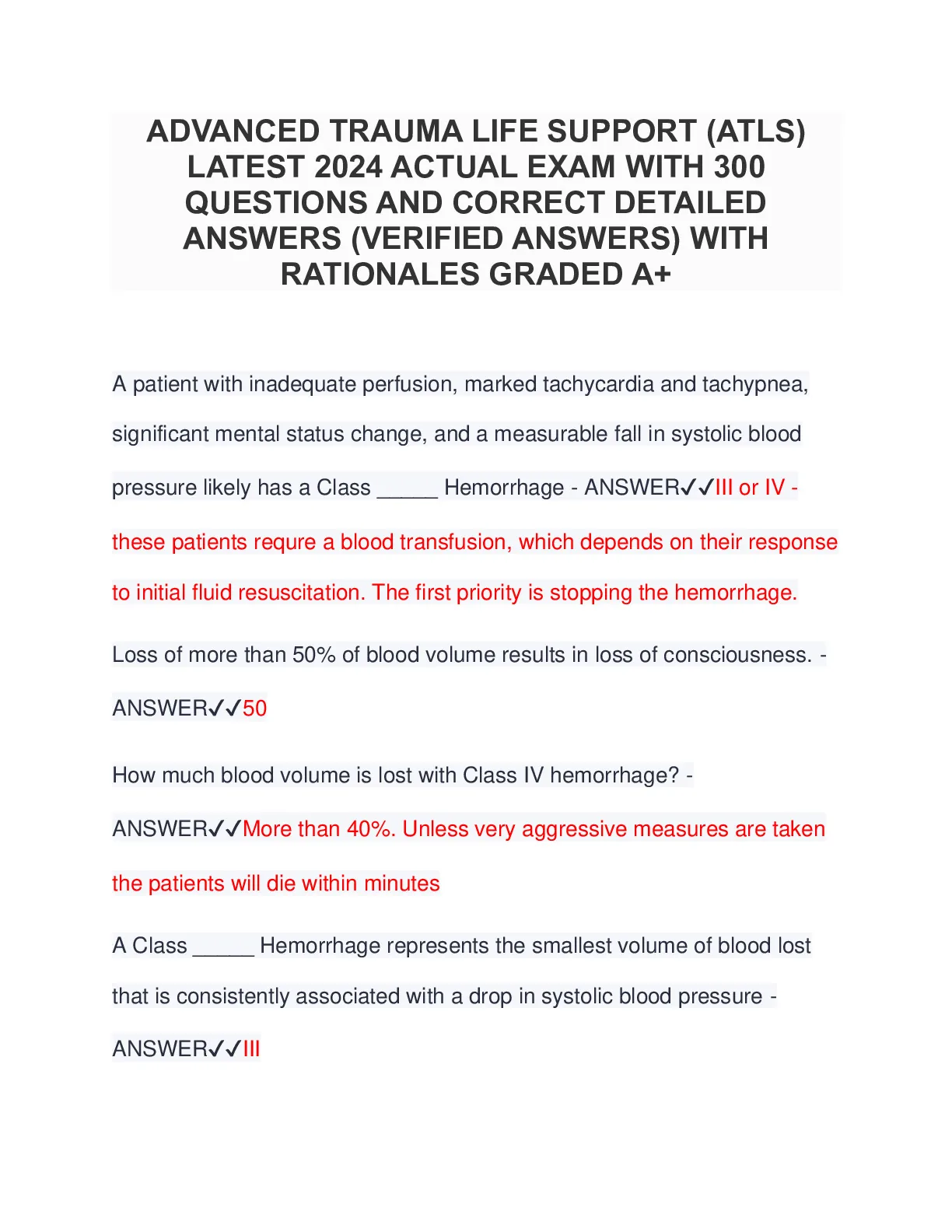 ADVANCED TRAUMA LIFE SUPPORT (ATLS) LATEST 2024 ACTUAL EXAM WITH 300 ...