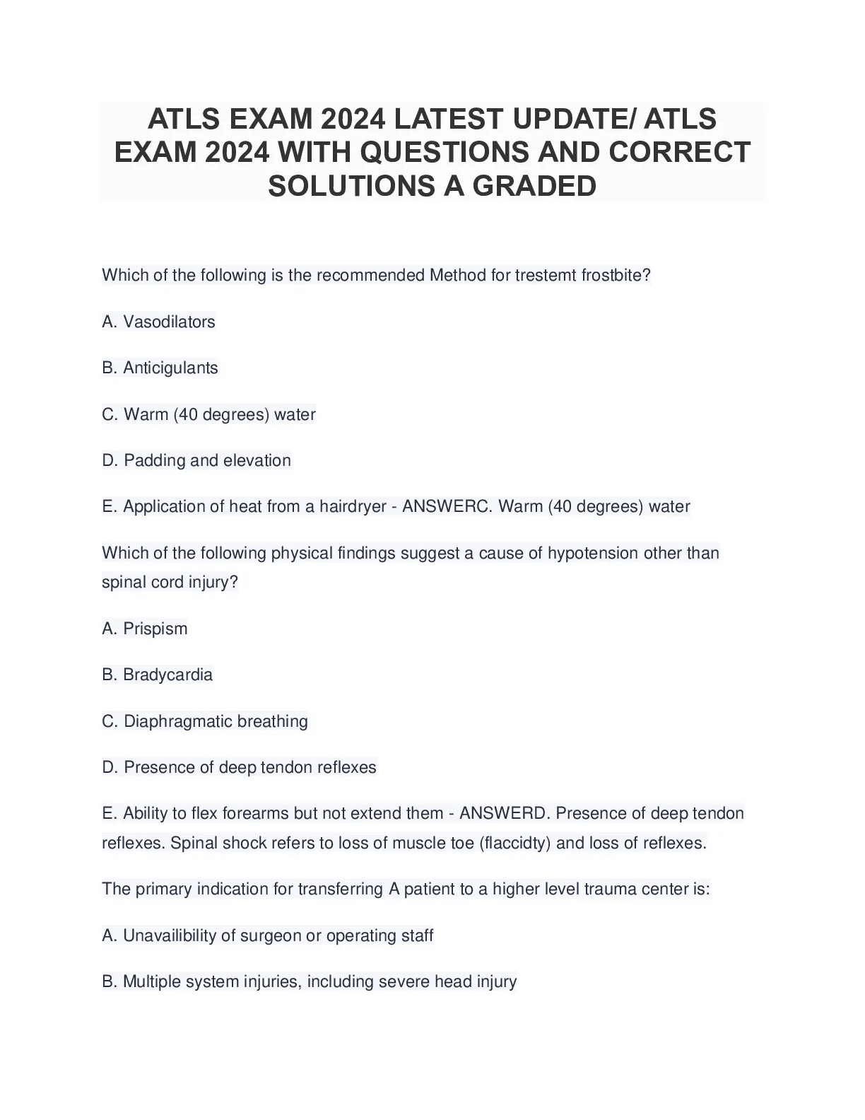 ATLS EXAM 2024 LATEST UPDATE- ATLS EXAM 2024 WITH QUESTIONS AND CORRECT ...