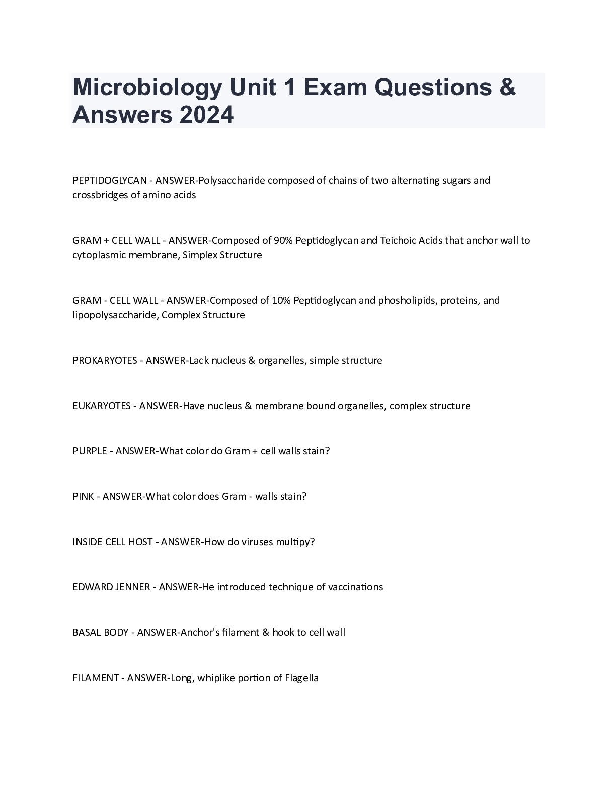 Microbiology Unit 1 Exam Questions & Answers 2024 - DocMerit
