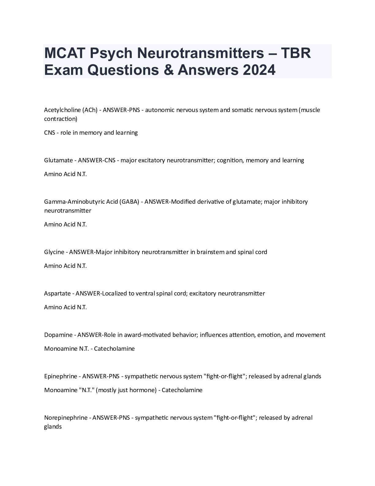 MCAT Psych Neurotransmitters – TBR Exam Questions & Answers 2024 - DocMerit