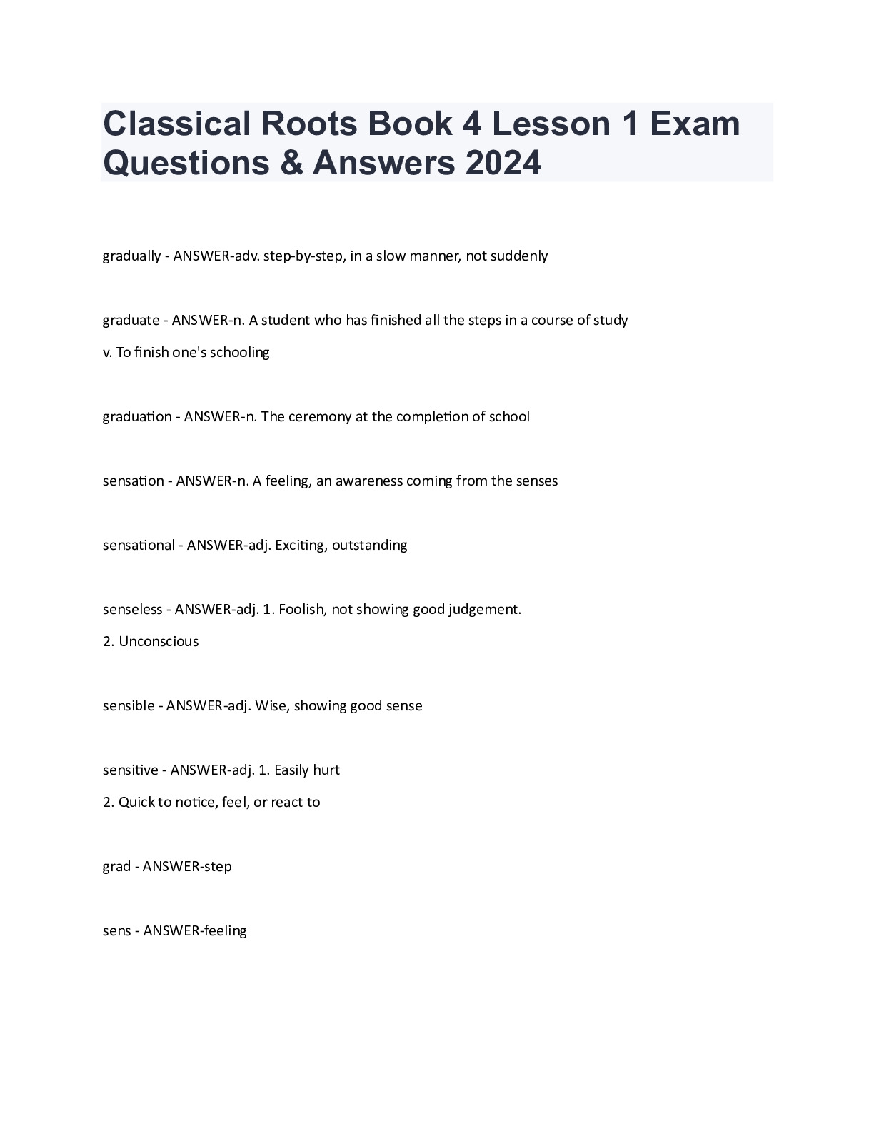 Classical Roots Book 4 Lesson 1 Exam Questions & Answers 2024 - DocMerit