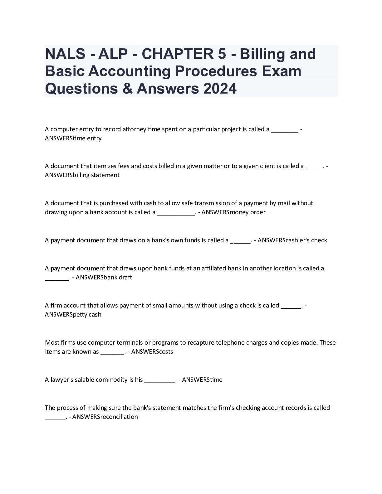 NALS - ALP - CHAPTER 5 - Billing and Basic Accounting Procedures Exam ...