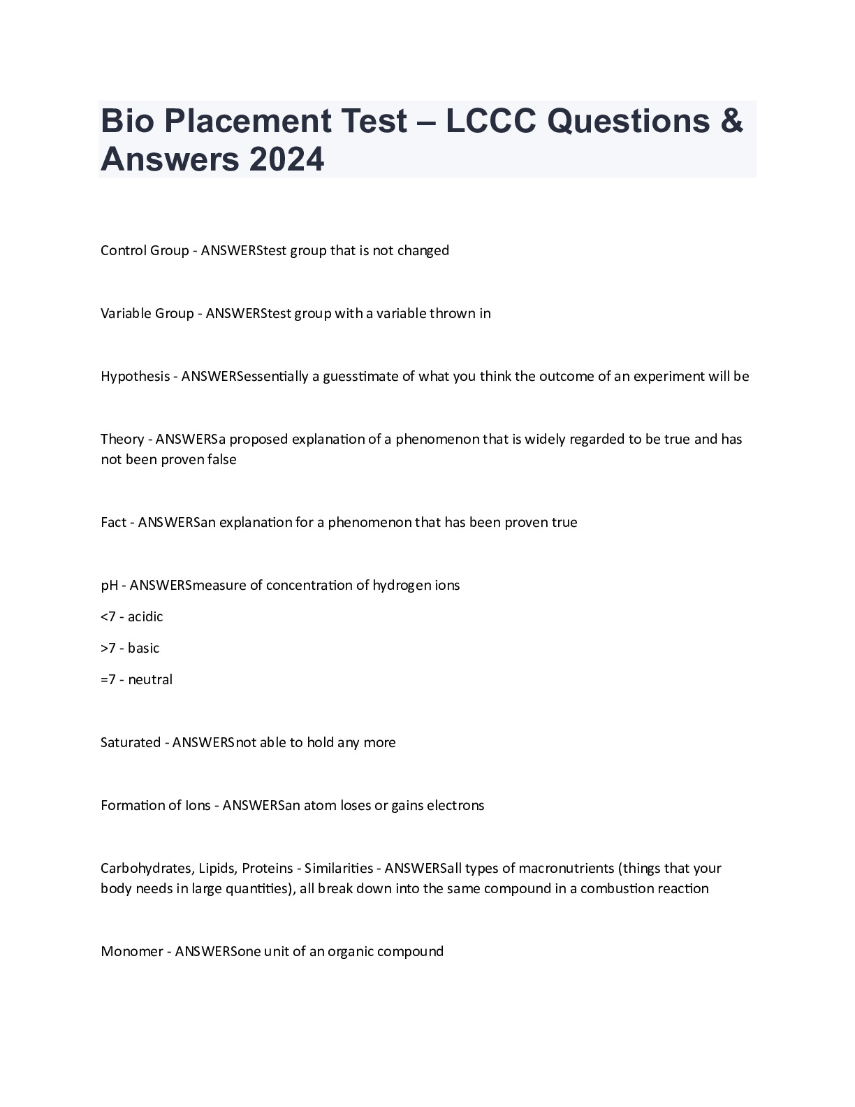 Bio Placement Test – LCCC Questions & Answers 2024 - DocMerit