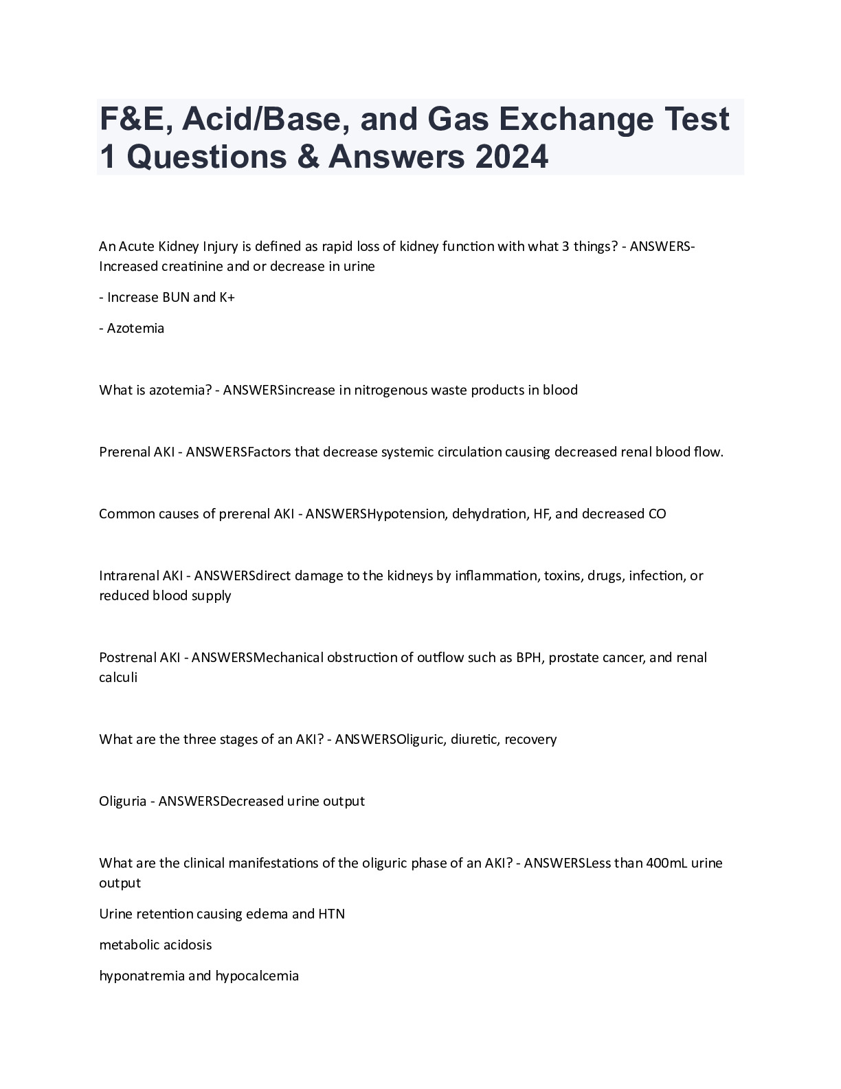 F&E, Acid/Base, and Gas Exchange Test 1 Questions & Answers 2024 - DocMerit