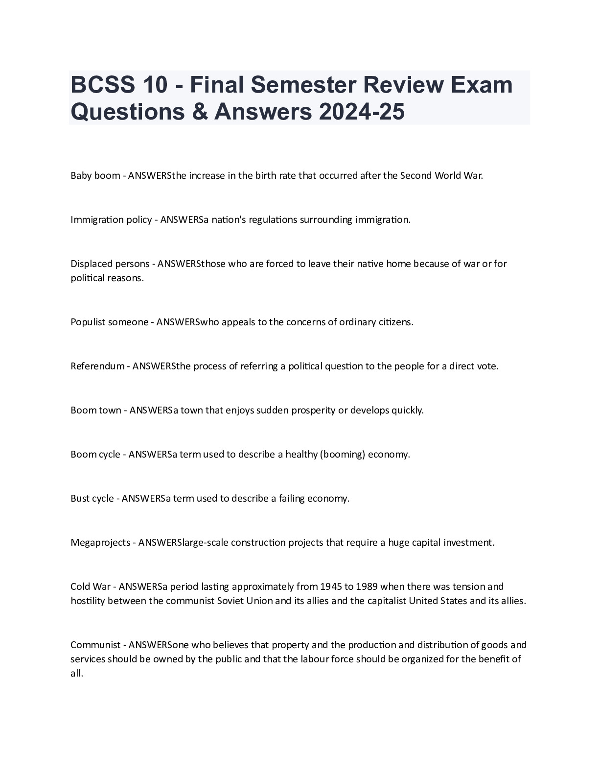 BCSS 10 - Final Semester Review Exam Questions & Answers 2024-25 - DocMerit