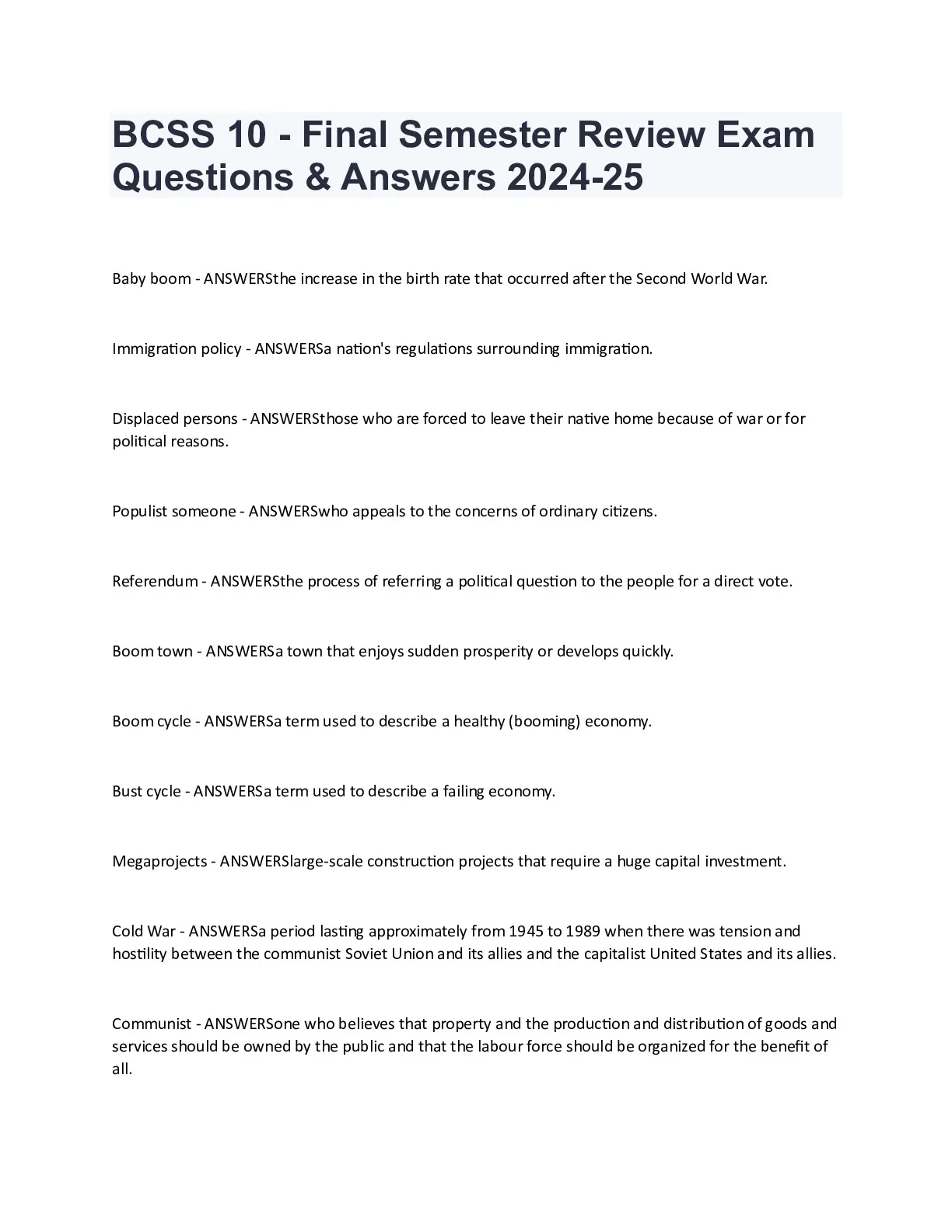 BCSS 10 - Final Semester Review Exam Questions and Answers 2024-25 ...