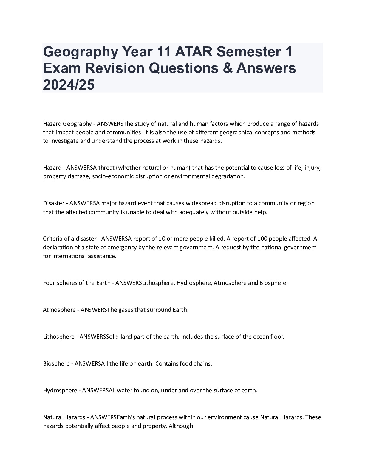 Geography Year 11 ATAR Semester 1 Exam Revision Questions & Answers ...