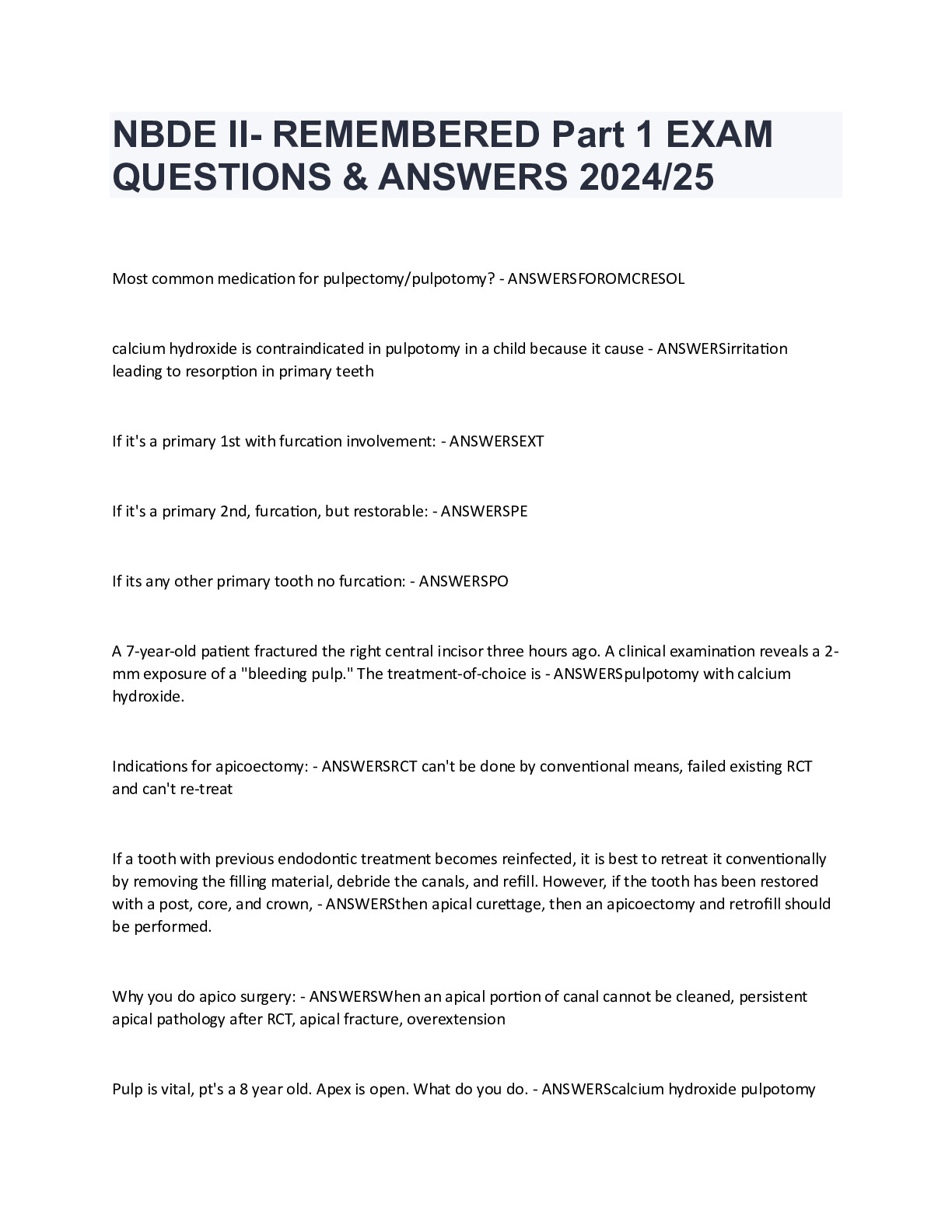 NBDE II- REMEMBERED Part 1 EXAM QUESTIONS & ANSWERS 2024/25 - DocMerit