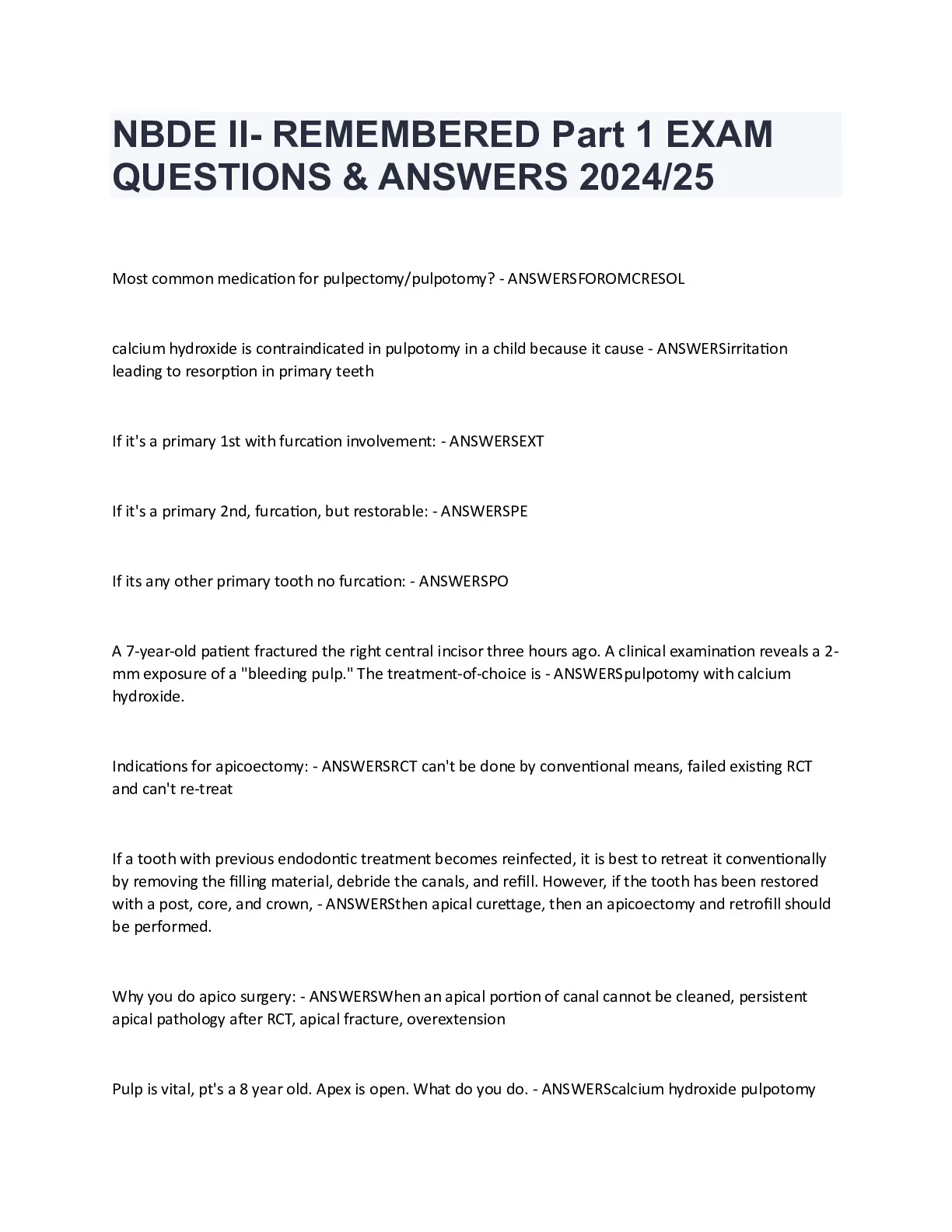 NBDE II- REMEMBERED Part 1 EXAM QUESTIONS and ANSWERS 2024/25 - DocMerit
