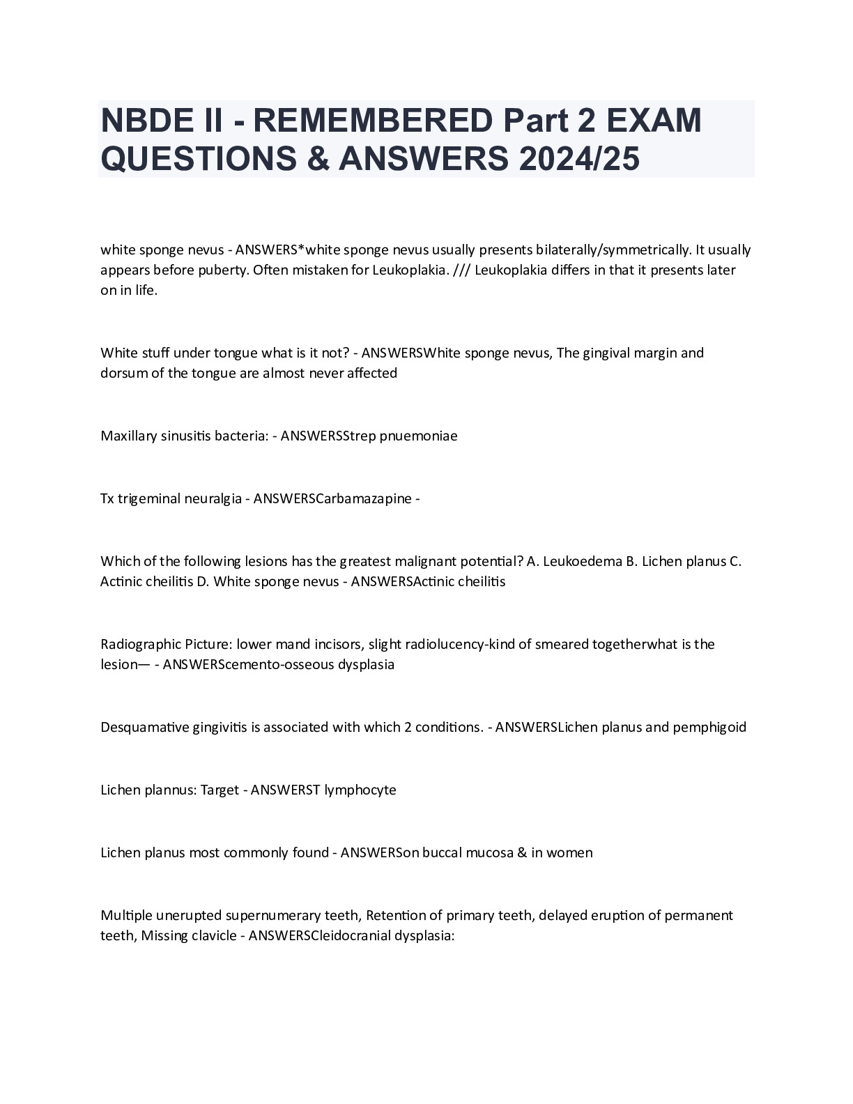NBDE II - REMEMBERED Part 2 EXAM QUESTIONS & ANSWERS 2024/25 - DocMerit