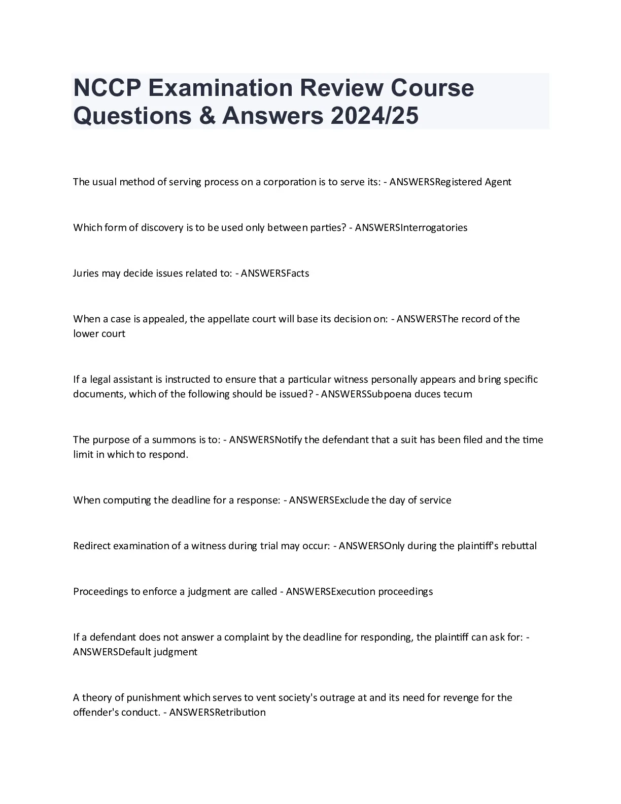 NCCP Examination Review Course Questions and Answers 2024/25 - DocMerit