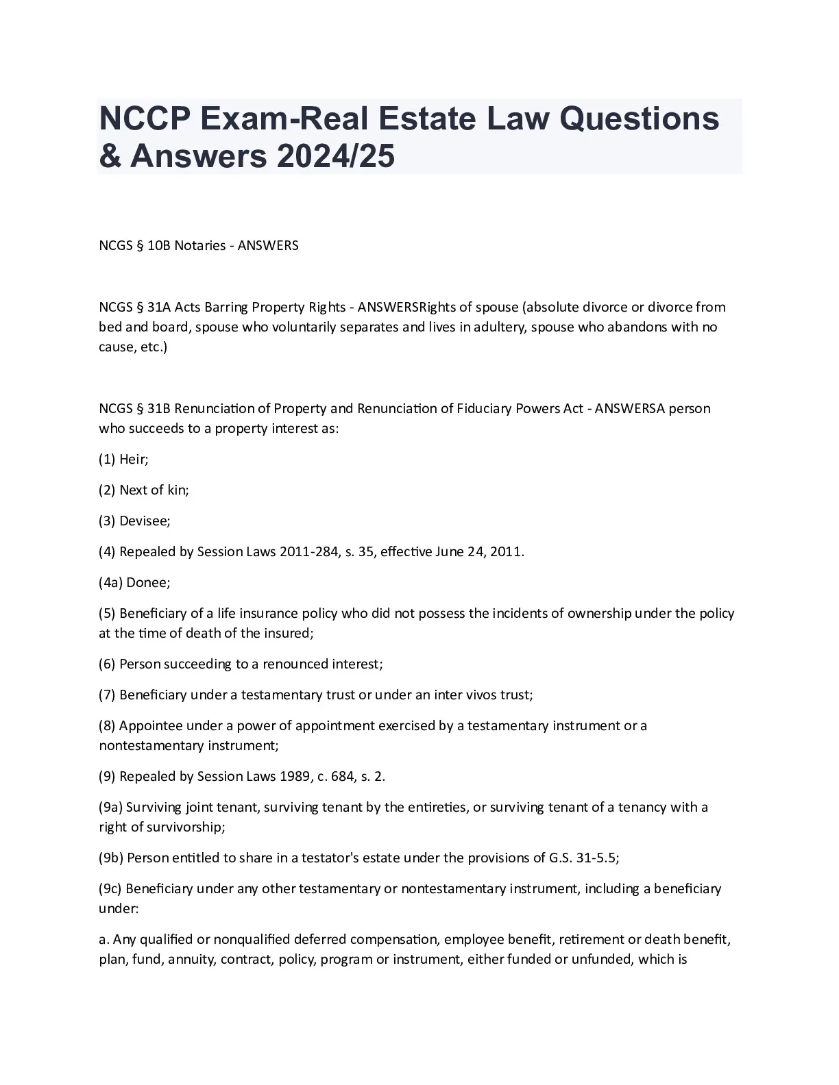 NCCP Exam-Real Estate Law Questions and Answers 2024/25 - DocMerit